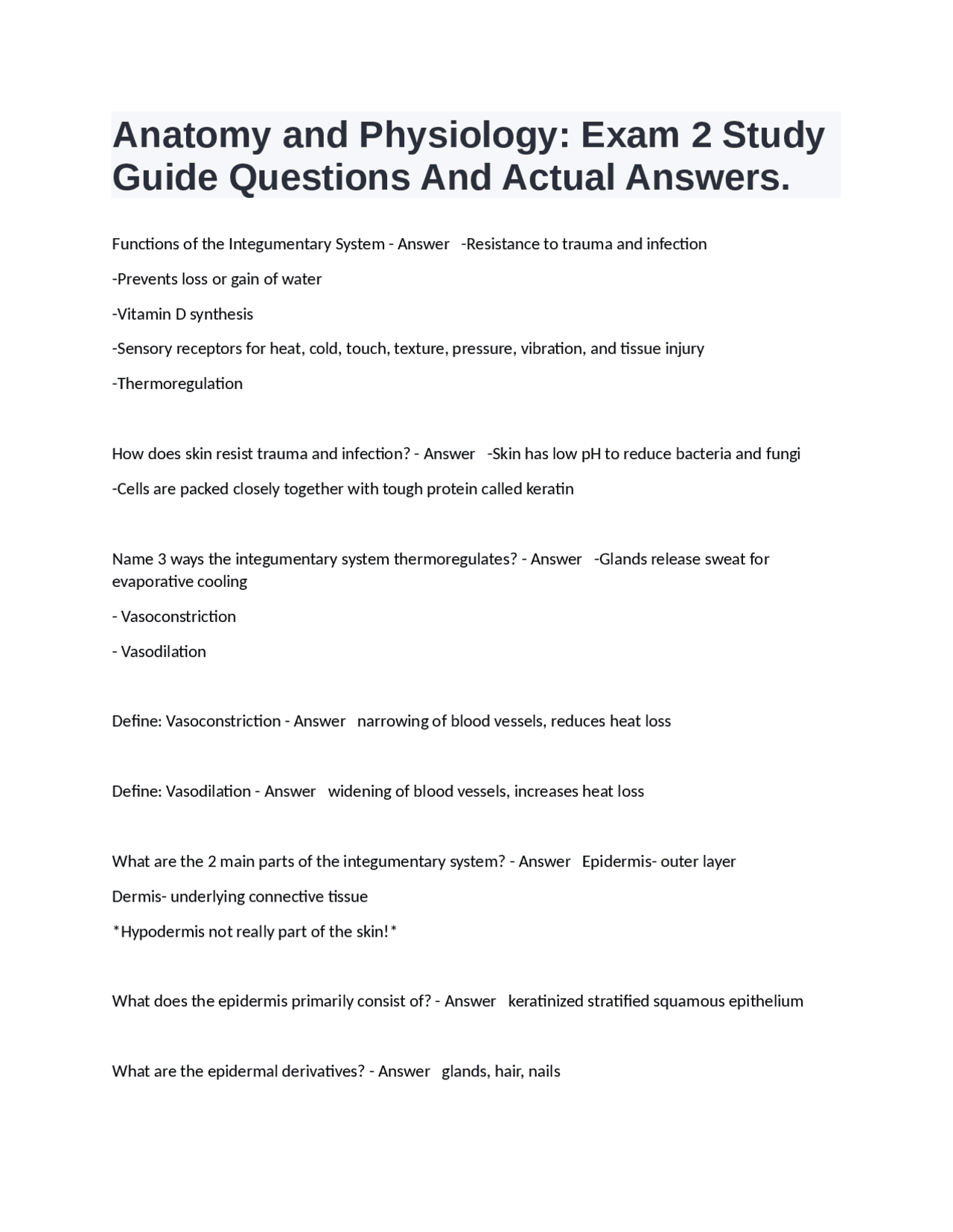 Anatomy and Physiology: Exam 2 Study Guide Questions And Actual Answers ...