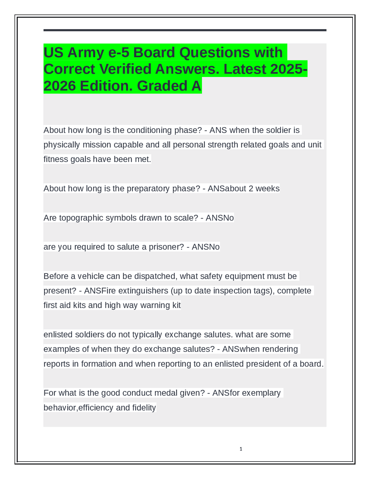 US Army e-5 Board Questions & Correct Verified Answers. Latest 2025 ...