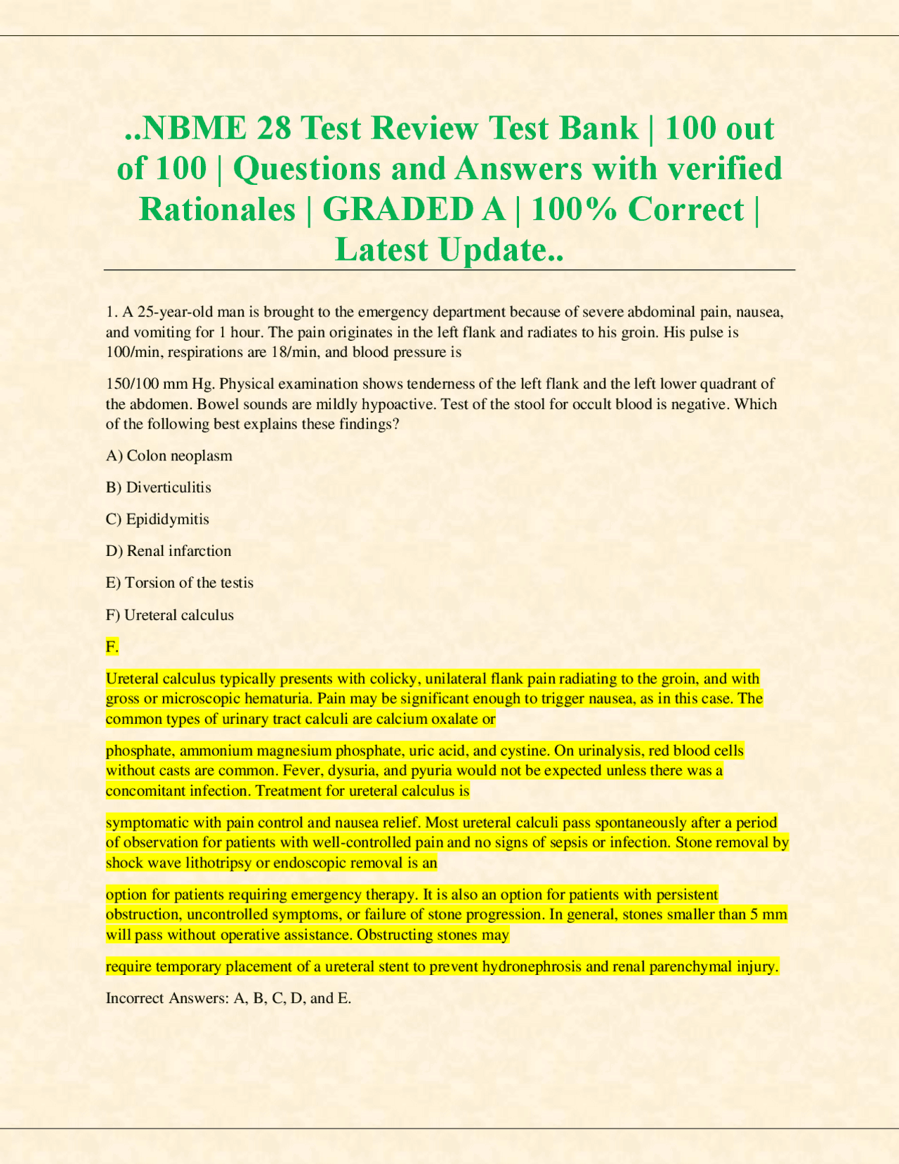 NBME 28 Test Review Test Bank | 100 out of 100 | Questions and Answers ...
