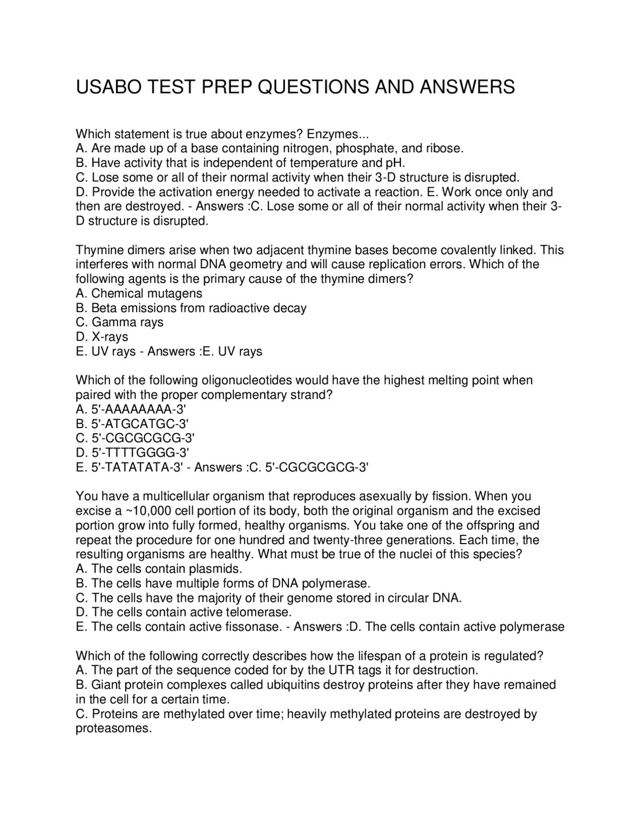 USABO Test Prep: Biology Multiple Choice Questions and Answers | Exams ...