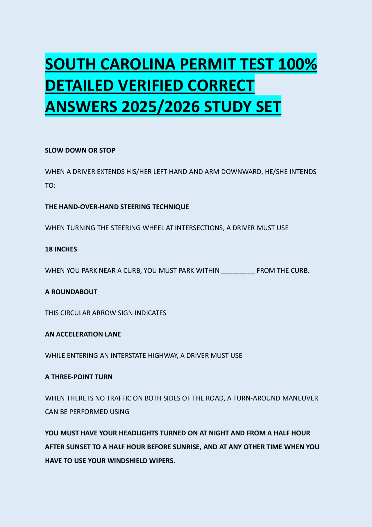 SOUTH CAROLINA PERMIT TEST 100% DETAILED VERIFIED CORRECT ANSWERS 2025/ ...