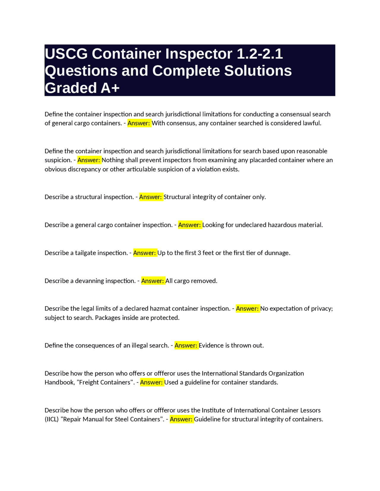 USCG Container Inspector 1.2-2.1 Questions and Complete Solutions ...