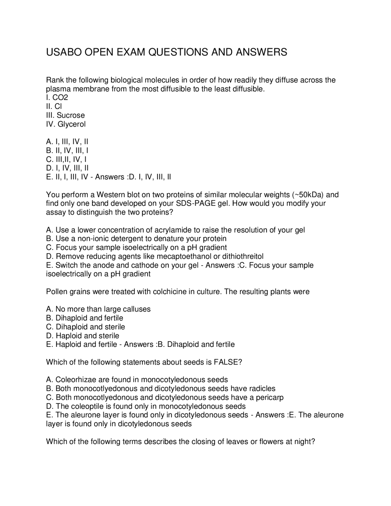 USABO Open Exam Questions and Answers: Biology Practice for Competitive ...