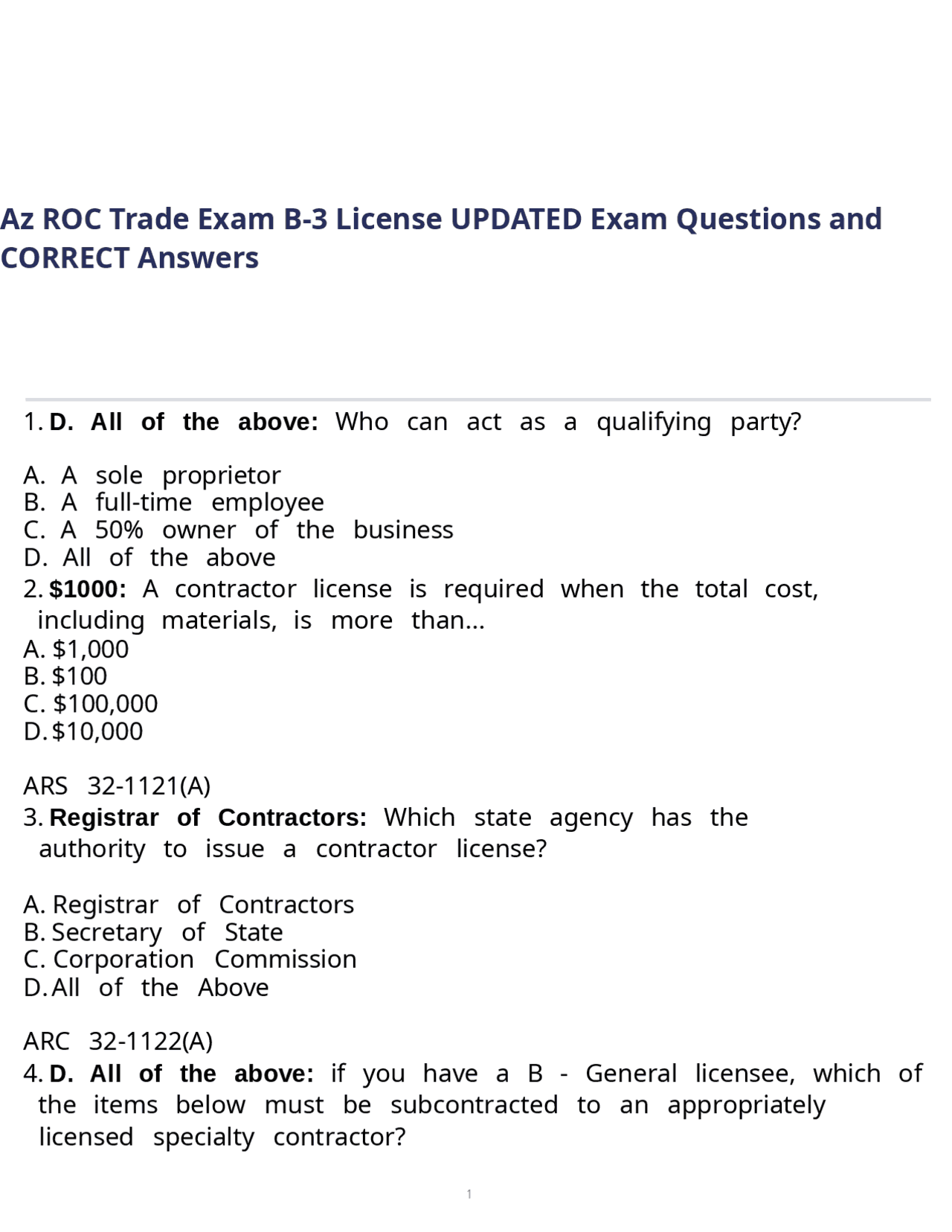 Az ROC Trade Exam B-3 License UPDATED Exam Questions and CORRECT ...