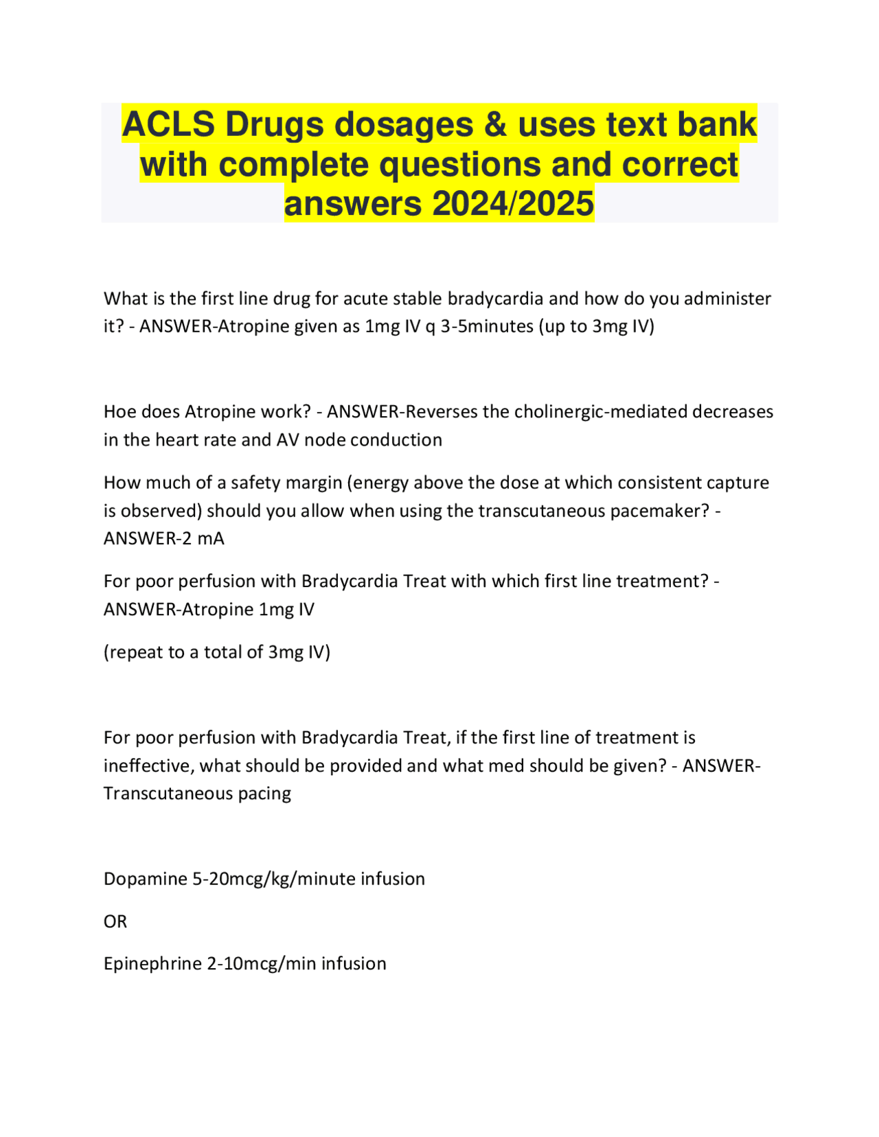 ACLS Drugs dosages & uses text bank with complete questions and correct ...