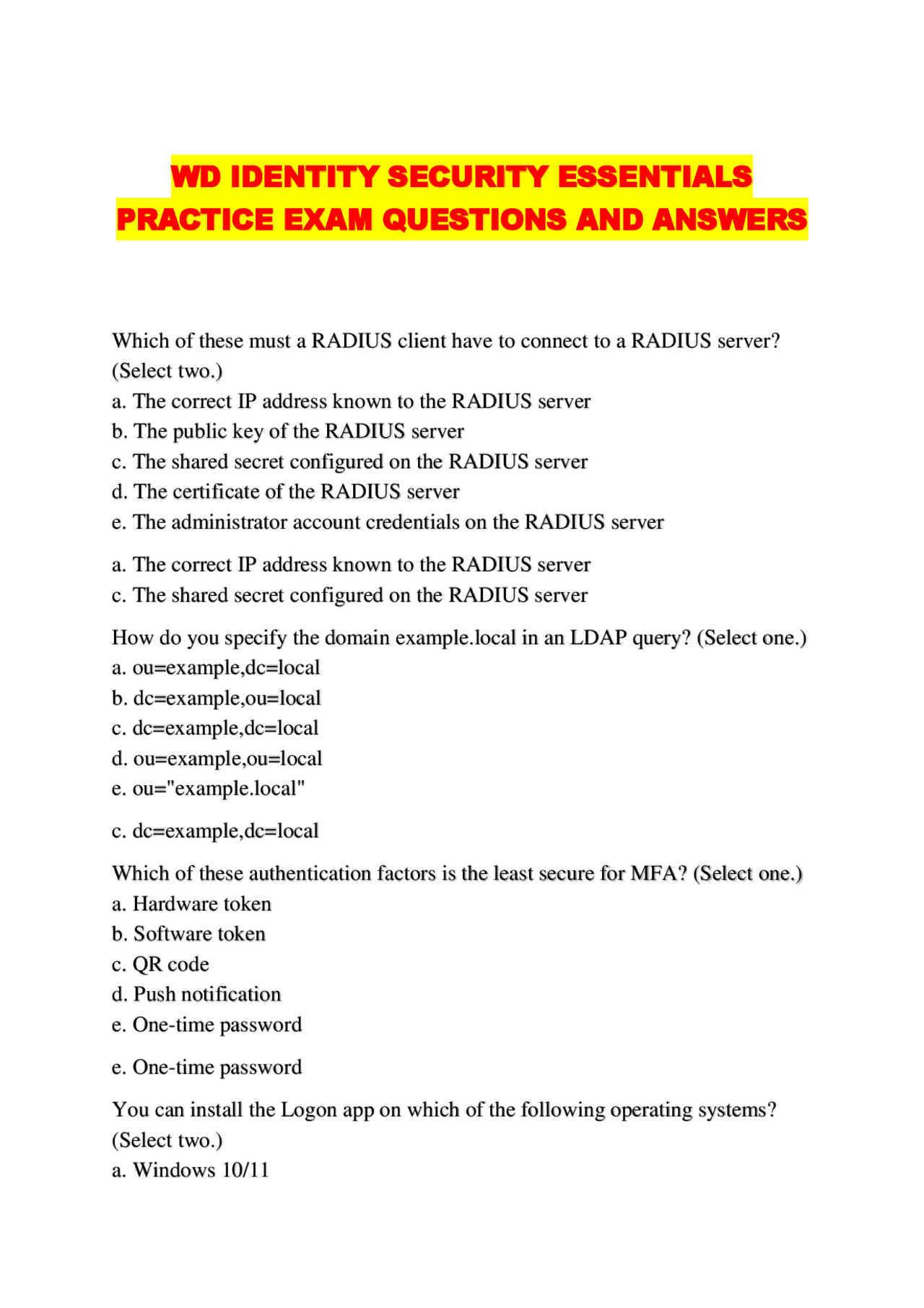 WD Identity Security Essentials Practice Exam Questions and Answers ...
