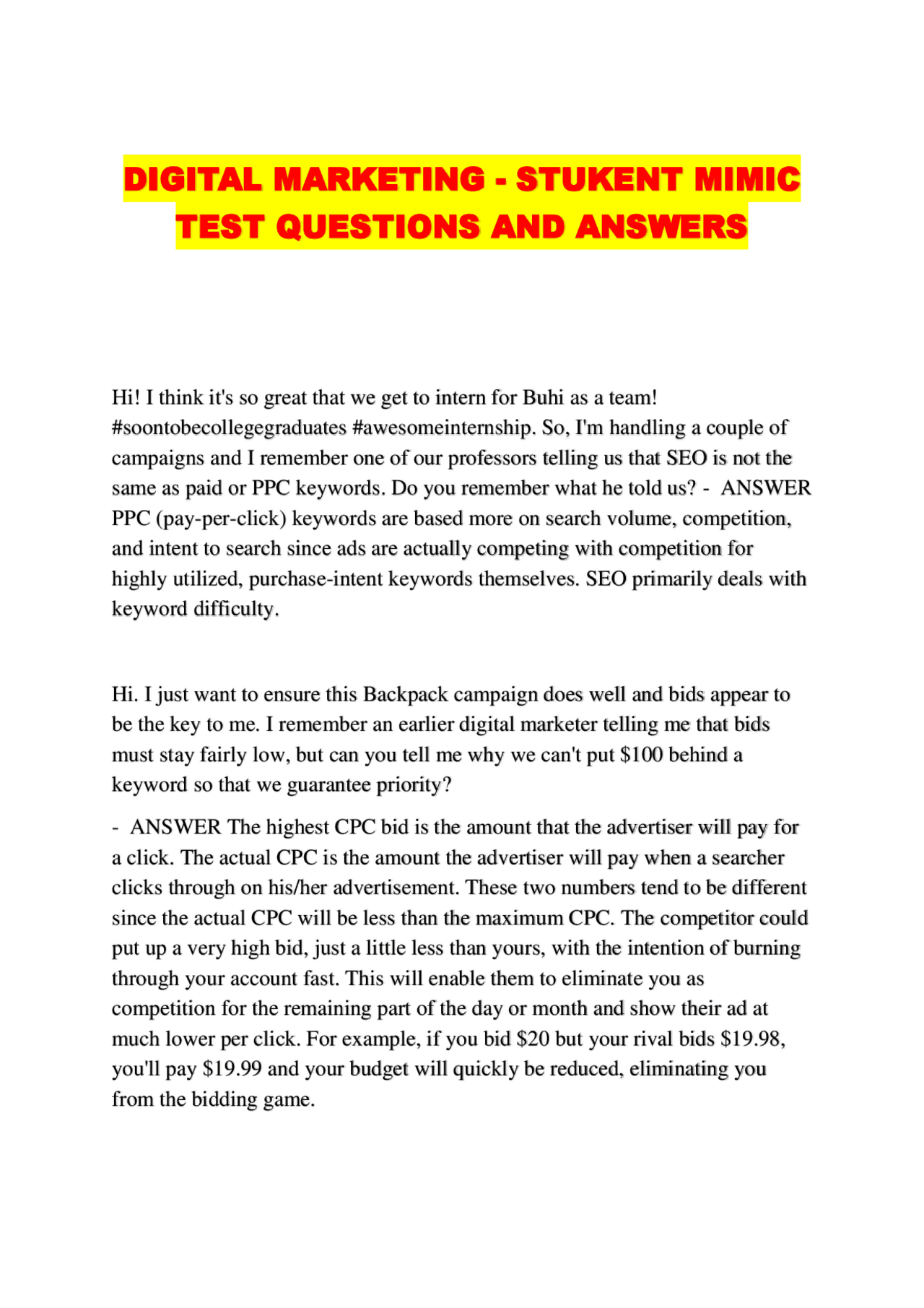 DIGITAL MARKETING - STUKENT MIMIC TEST QUESTIONS AND ANSWERS | Exams ...