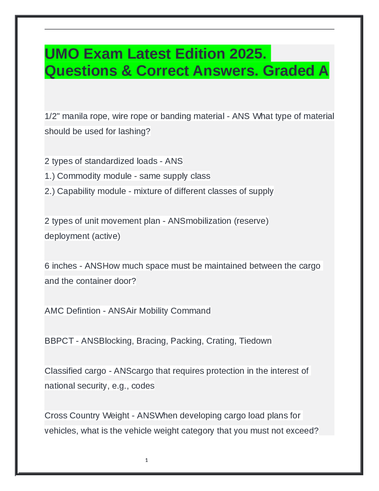 UMO Exam Latest Edition 2025. Questions & Correct Answers. Graded A ...