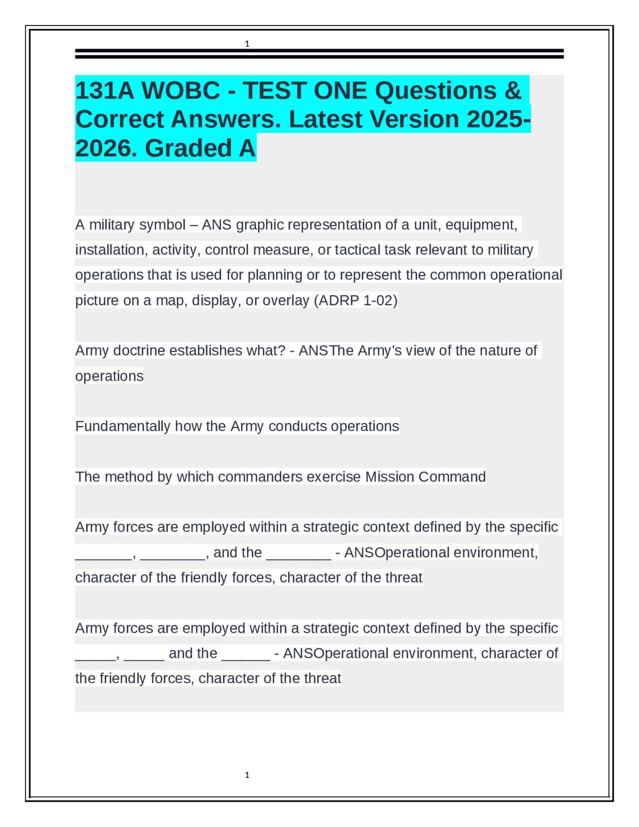 131A WOBC - TEST ONE Questions & Correct Answers. Latest Version 2025 ...