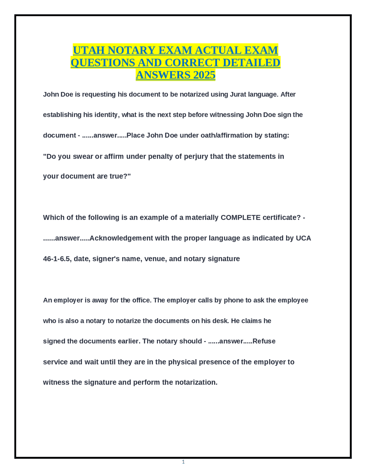UTAH NOTARY EXAM ACTUAL EXAM QUESTIONS AND CORRECT DETAILED ANSWERS ...