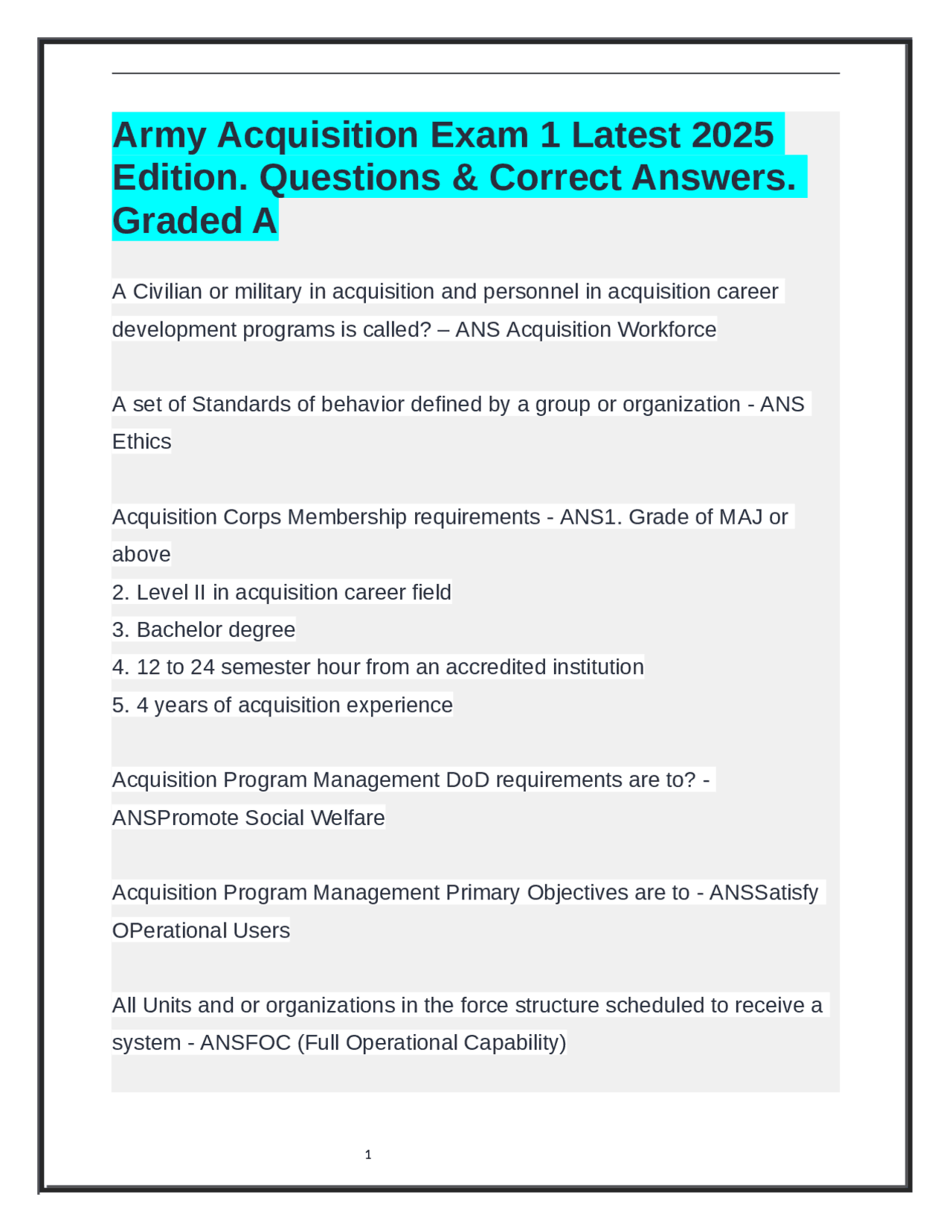 Army Acquisition Exam 1 Latest 2025 Edition. Questions & Correct ...