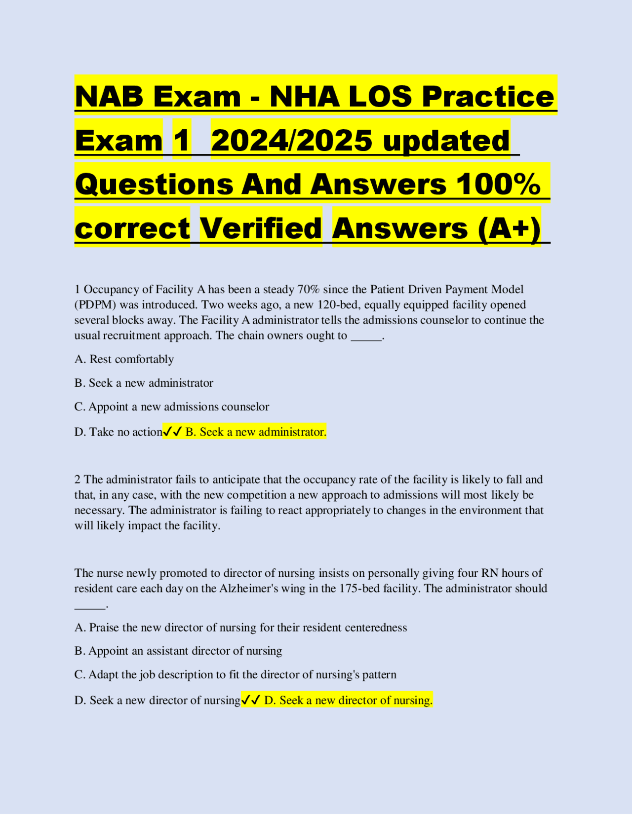 NAB Exam - NHA LOS Practice Exam 1 2024-2025 updated Questions And ...