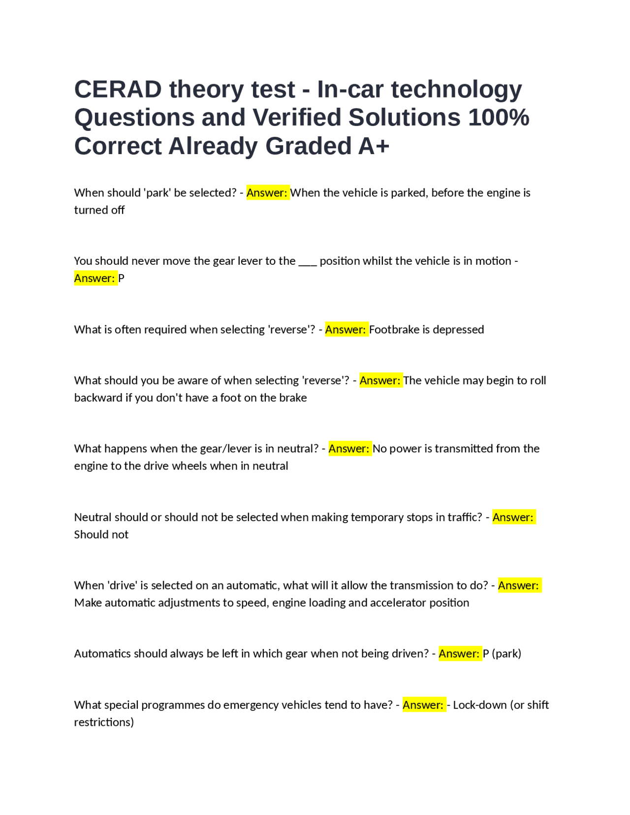 CERAD theory test - In-car technology Questions and Verified Solutions ...