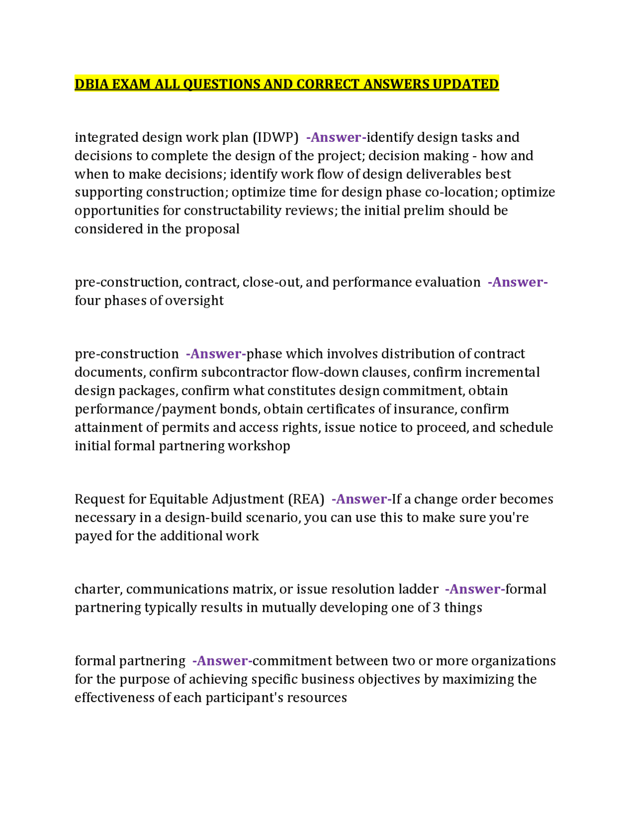 DBIA EXAM ALL QUESTIONS AND CORRECT ANSWERS UPDATED | Exams Building and Prefabrication | Docsity