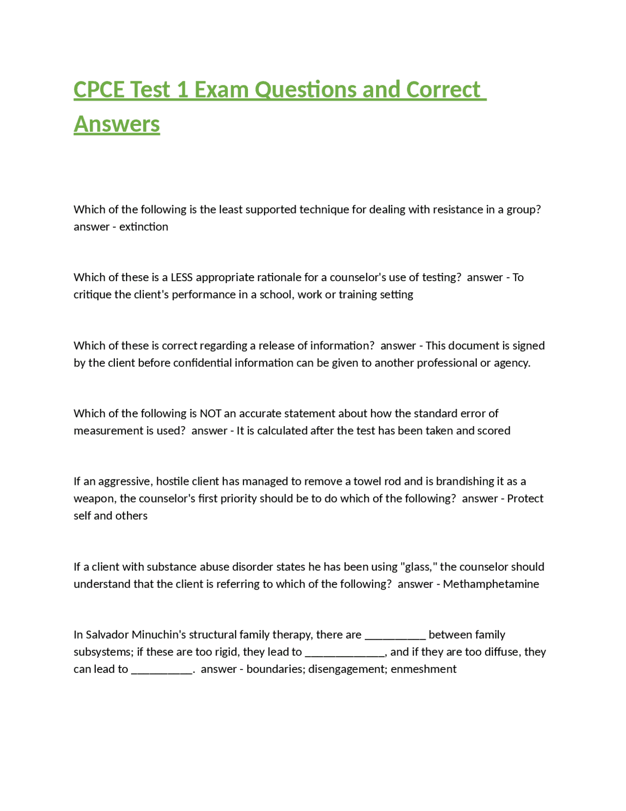 CPCE Test 1 Exam Questions and Correct Answers | Exams Nursing | Docsity