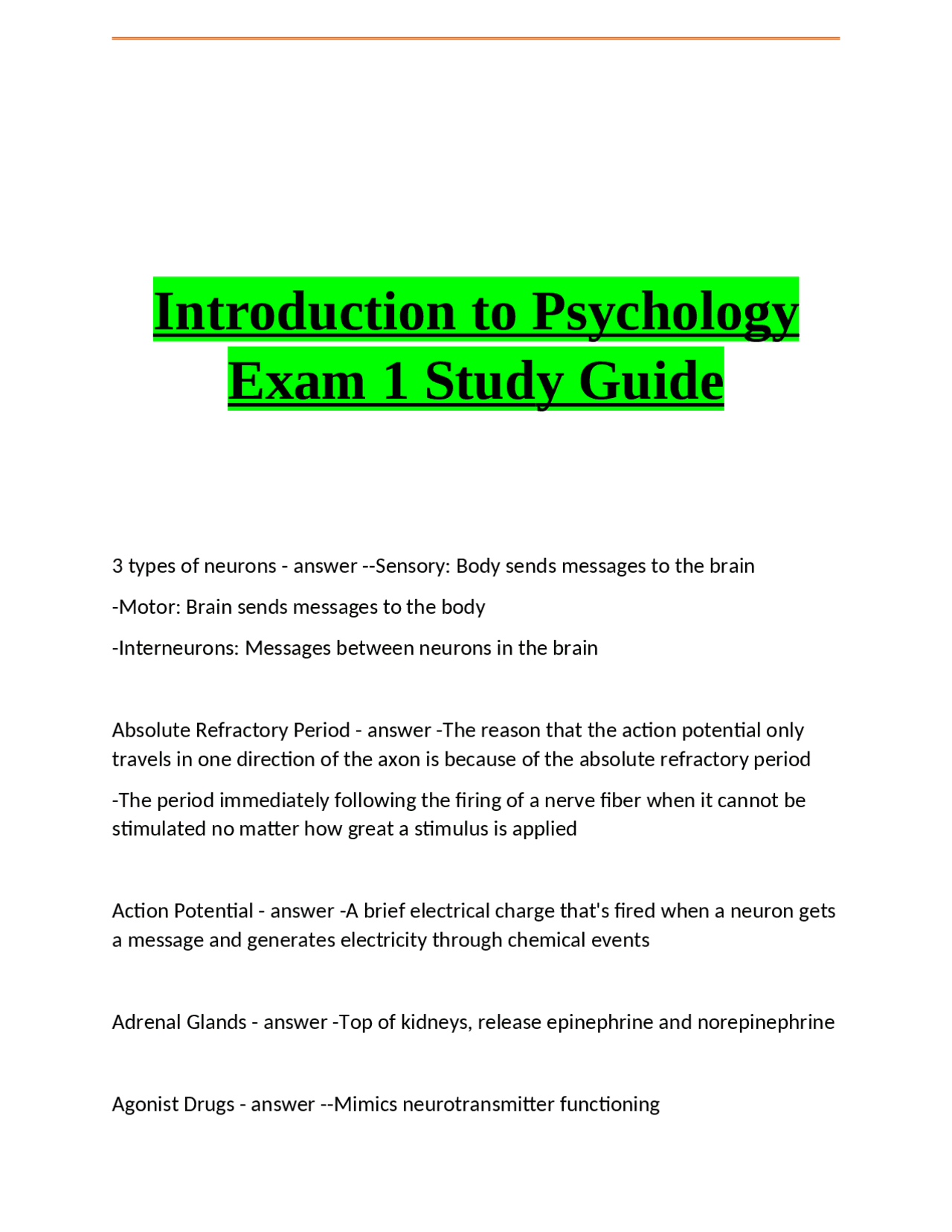 Introduction to Psychology Exam 1 Study Guide.docx | Exams Nursing ...