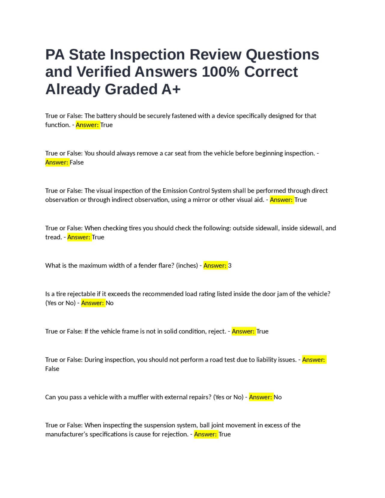 PA State Inspection Review Questions and Verified Answers 100% Correct ...
