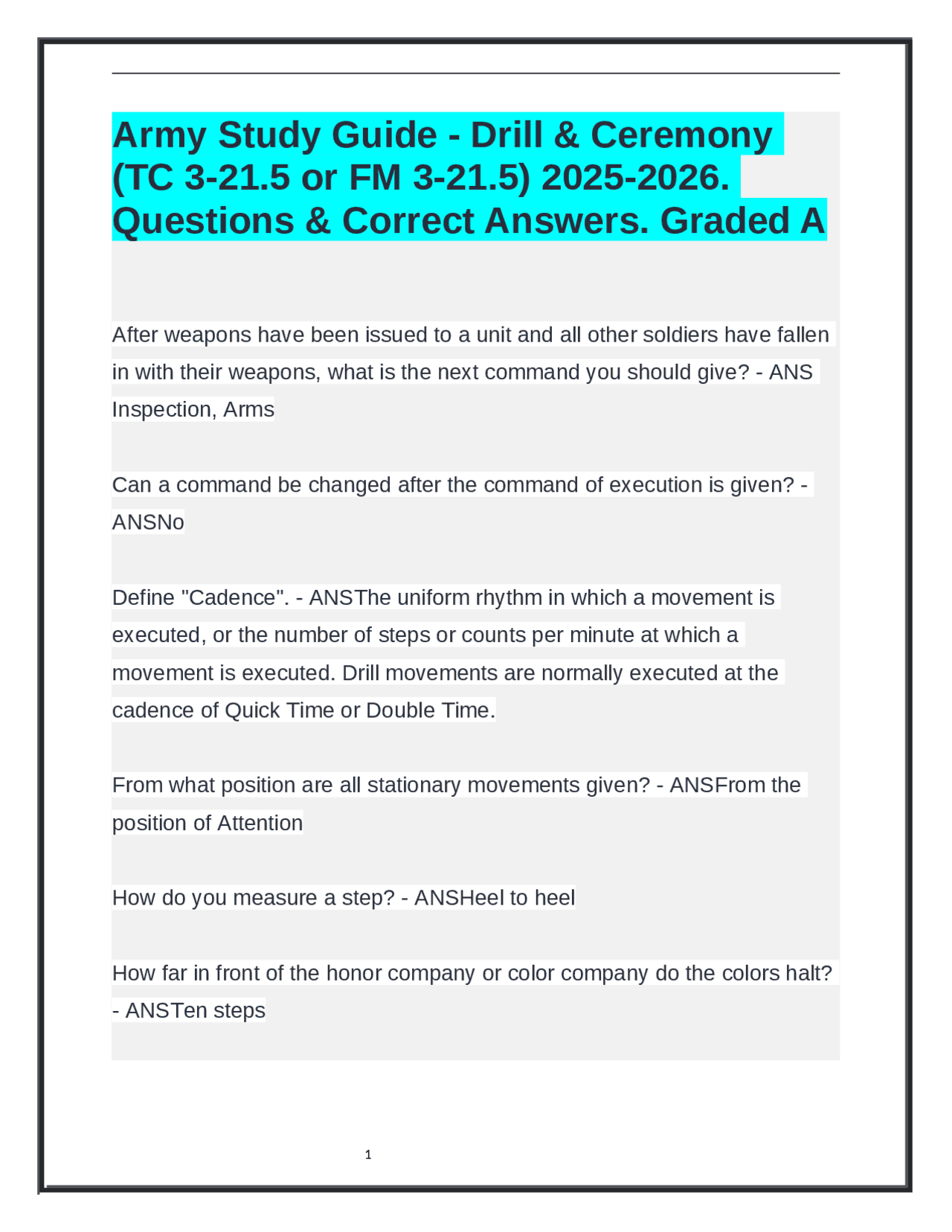 Army Study Guide - Drill & Ceremony (TC 3-21.5 or FM 3-21.5) 2025-2026.Questions & Answers ...
