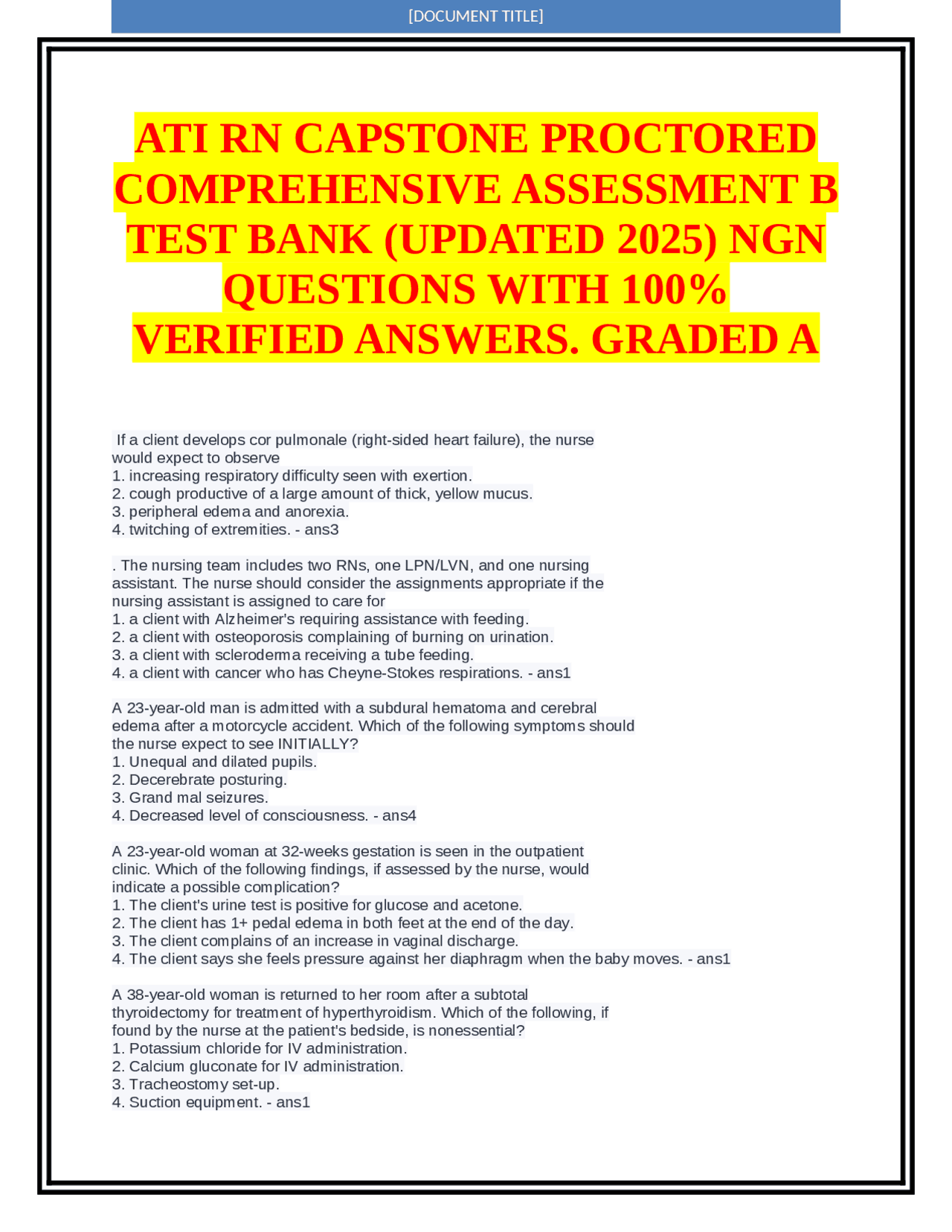 ATI RN CAPSTONE PROCTORED COMPREHENSIVE ASSESSMENT B Q$A | Exams ...