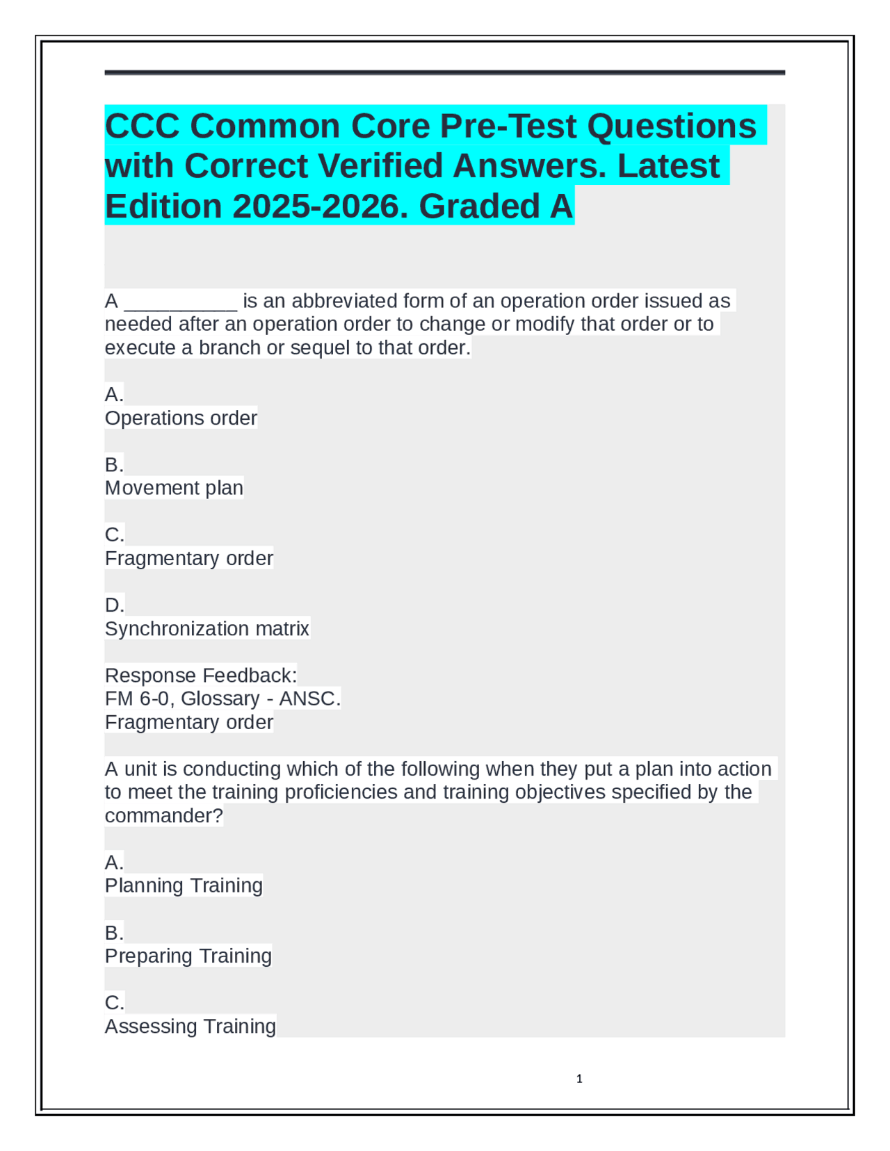 CCC Common Core Pre-Test Questions with Correct Verified Answers ...