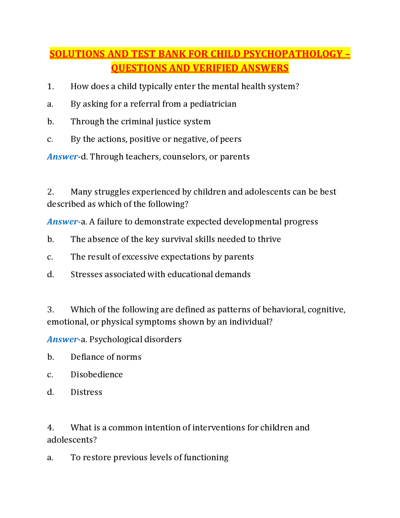 SOLUTIONS AND TEST BANK FOR CHILD PSYCHOPATHOLOGY –QUESTIONS AND ...