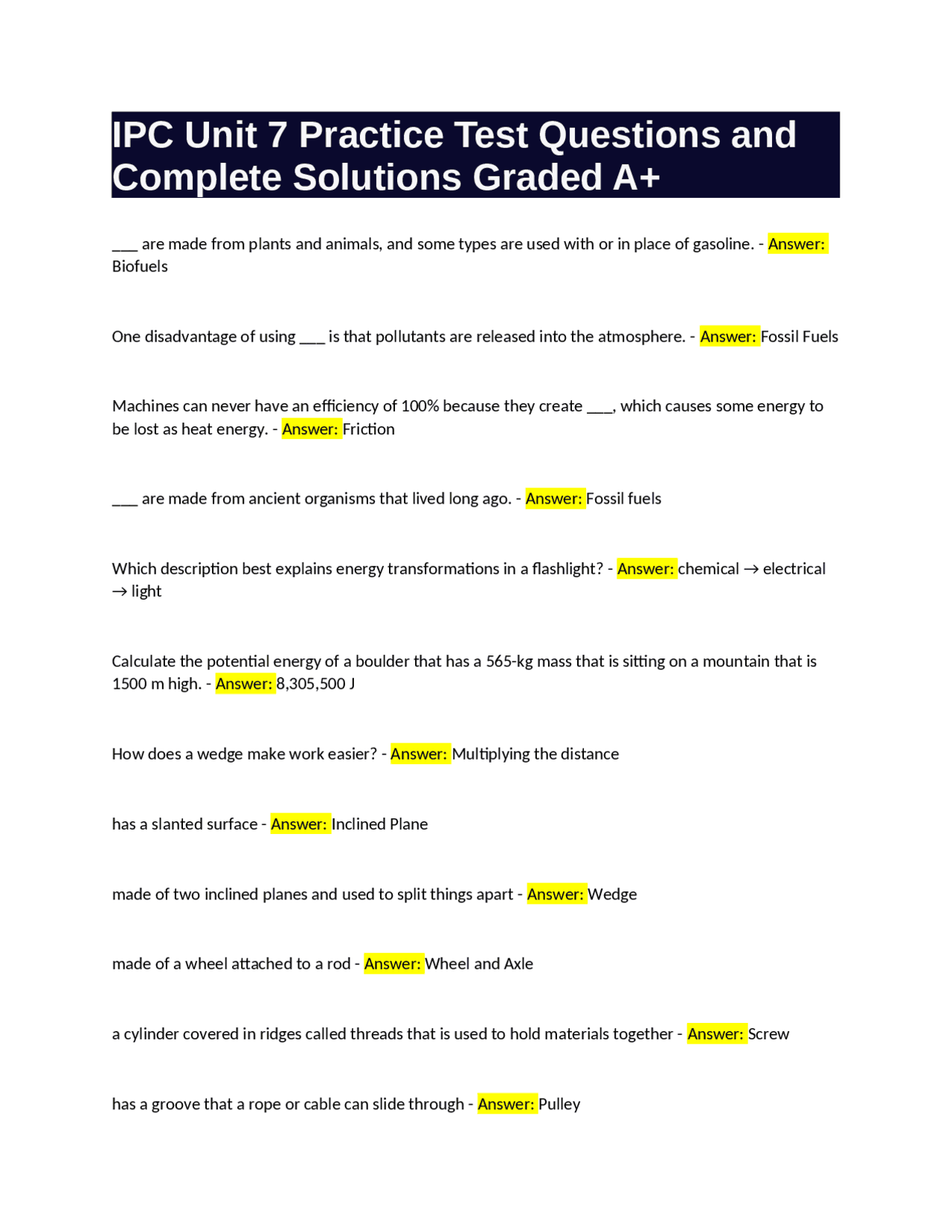 IPC Unit 7 Practice Test Questions and Complete Solutions Graded A+ ...