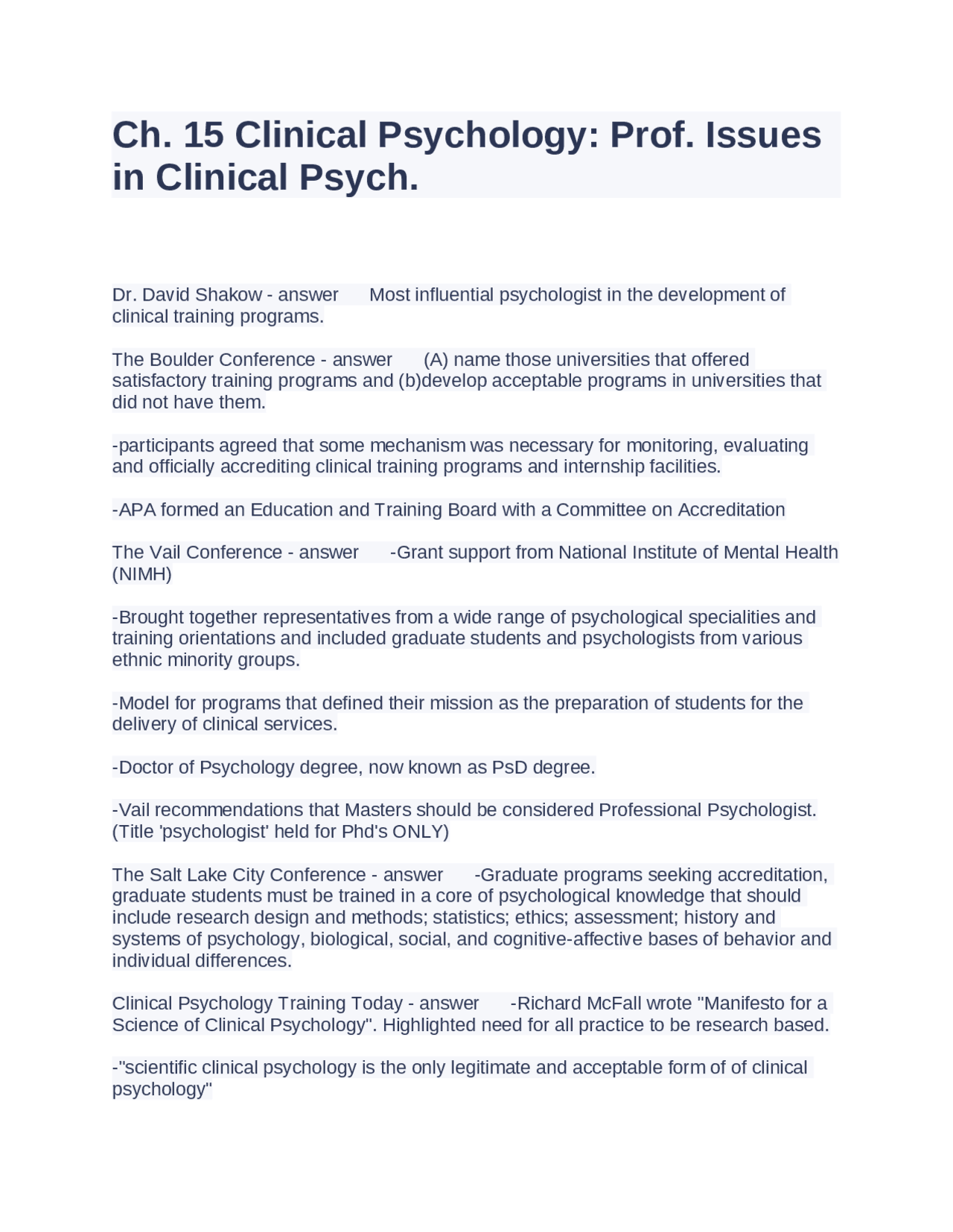 Ch. 15 Clinical Psychology Prof. Issues in Clinical Psych.. Questions ...