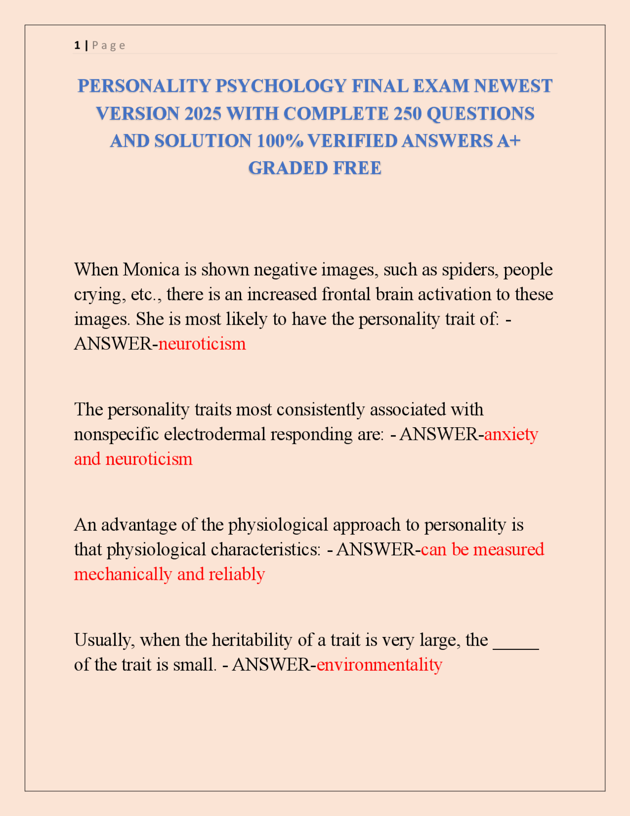 PERSONALITY PSYCHOLOGY FINAL EXAM NEWEST VERSION 2025 WITH COMPLETE 250 ...