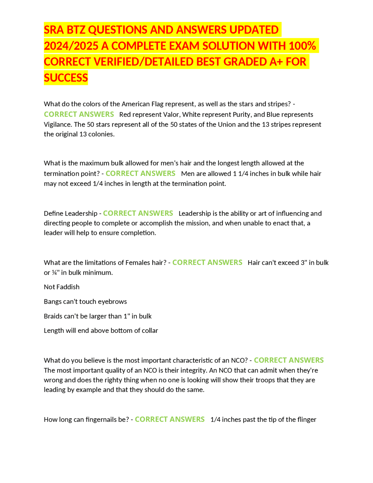 SRA BTZ QUESTIONS AND ANSWERS UPDATED 2024/2025 A COMPLETE EXAM ...