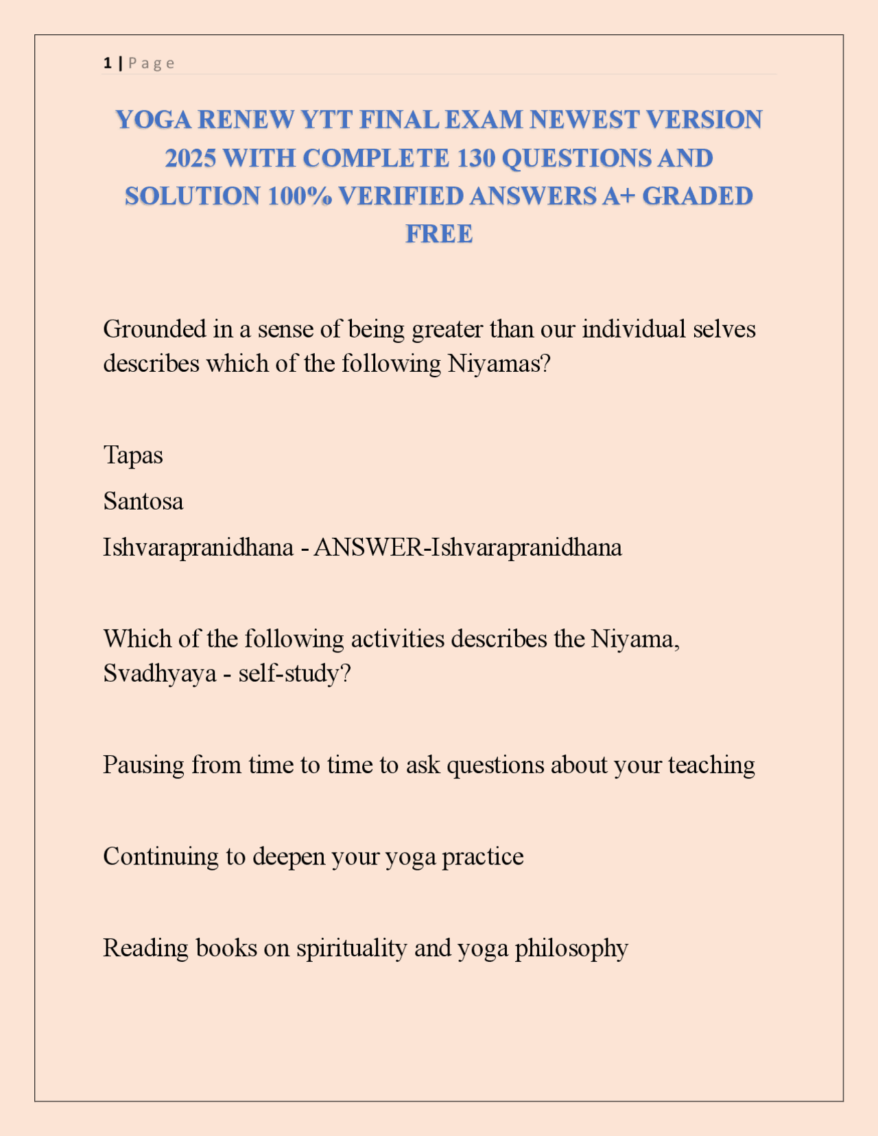 YOGA RENEW YTT FINAL EXAM NEWEST VERSION 2025 WITH COMPLETE 130 ...