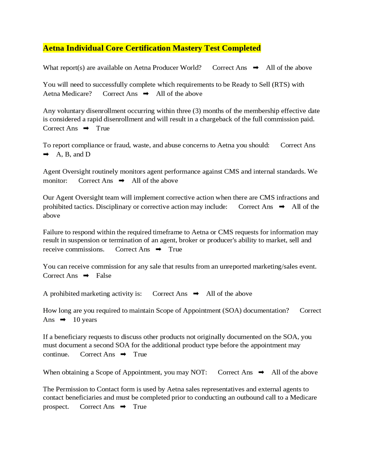 Aetna Individual Core Certification Mastery Test Completed | Exams ...