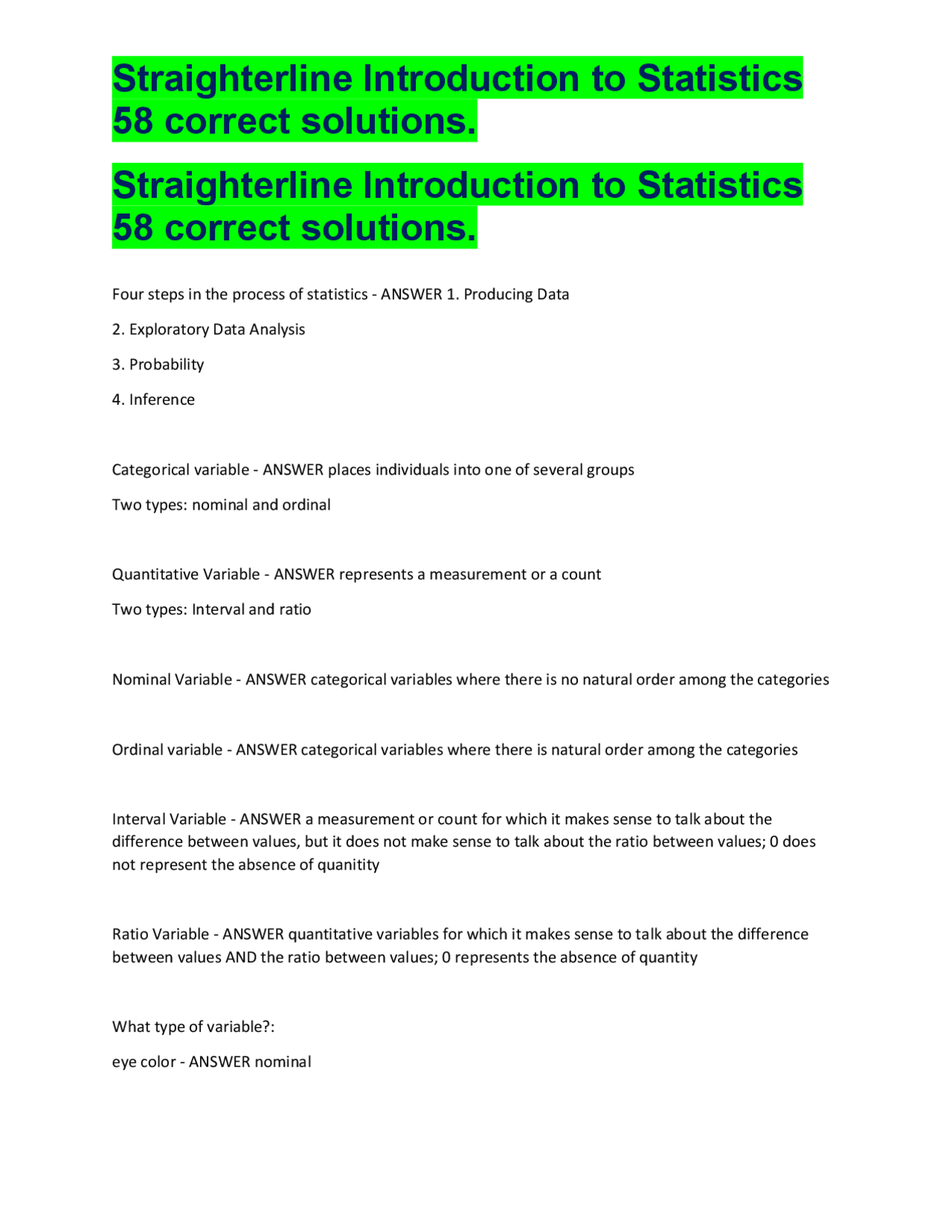 Straighterline Introduction to Statistics 58 correct solutions. | Exams Mathematical Statistics ...