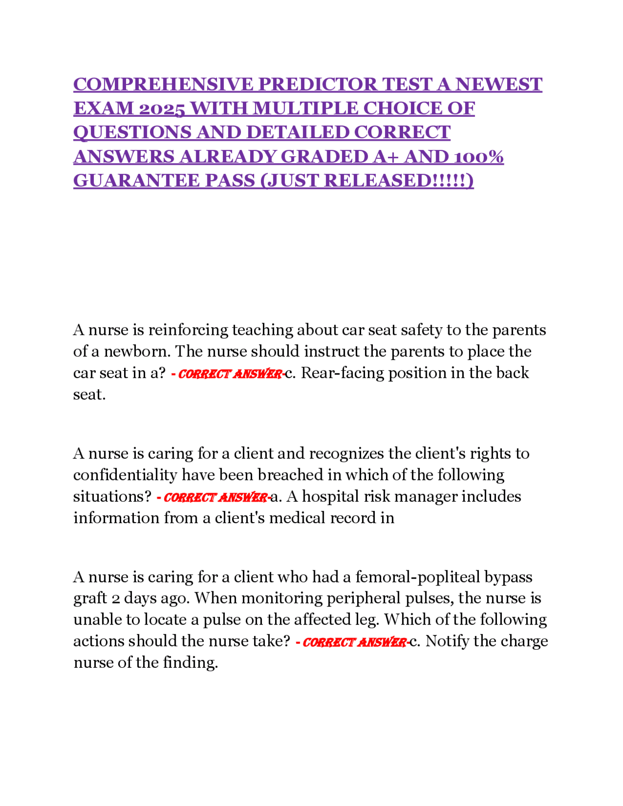 COMPREHENSIVE PREDICTOR TEST A NEWEST EXAM 2025 WITH CHOICE OF ...