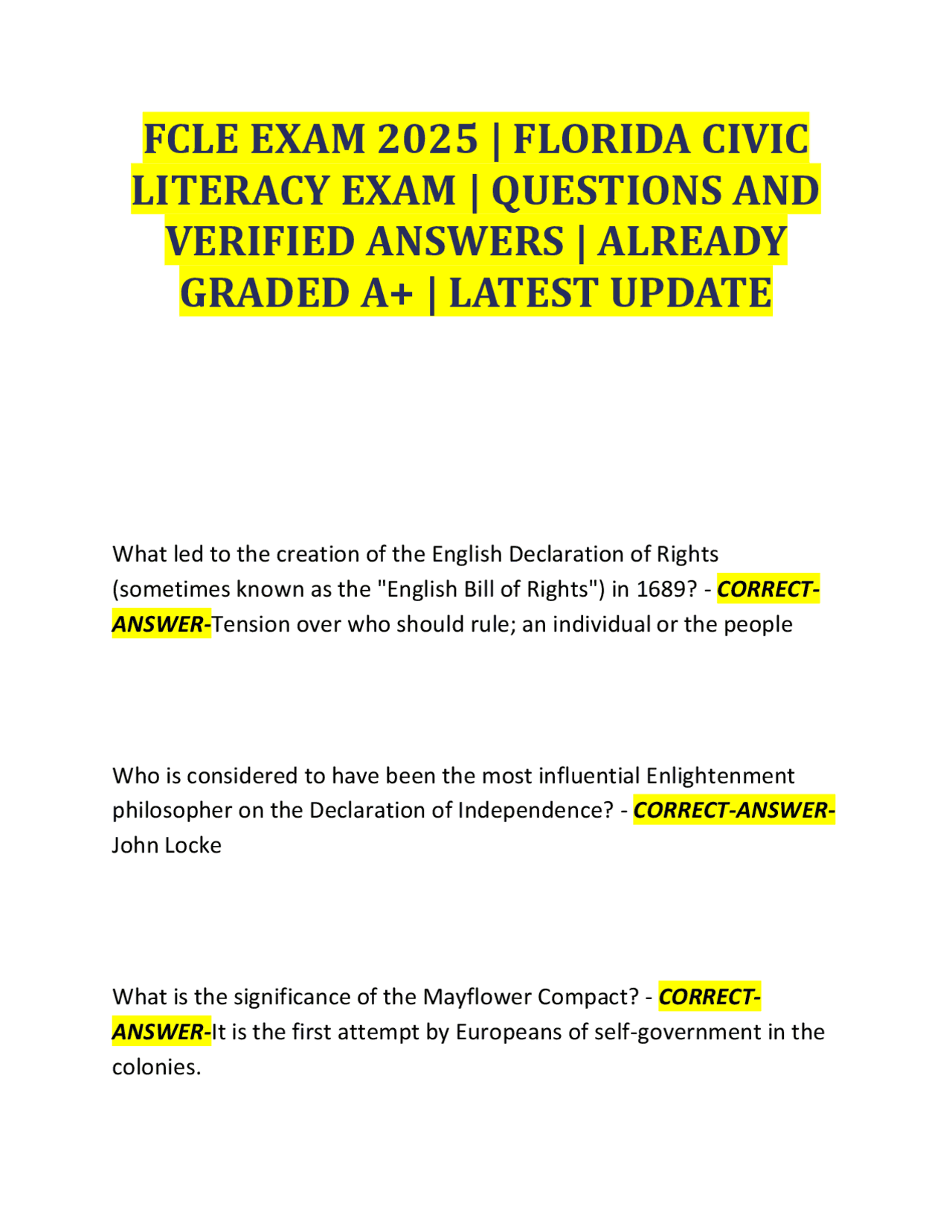FCLE EXAM 2025 | FLORIDA CIVIC LITERACY EXAM | QUESTIONS AND VERIFIED ...