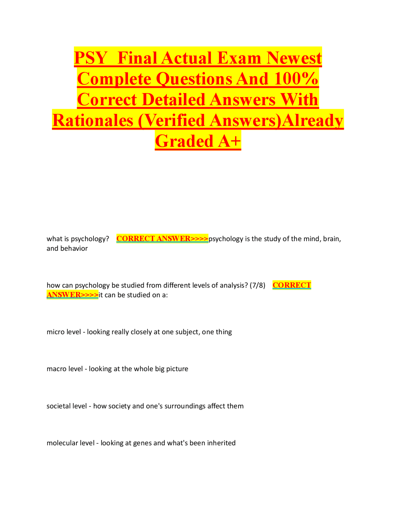 PSY Final Actual Exam Newest Complete Questions And 100% Correct Detailed Answers | Exams ...