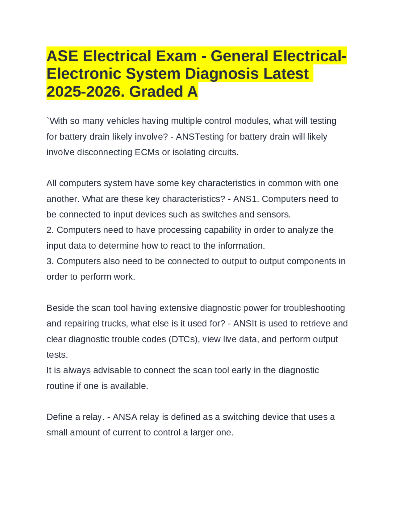 ASE Electrical Exam: General Electrical & Electronic System Diagnosis Q&A | Exams Electrical and ...