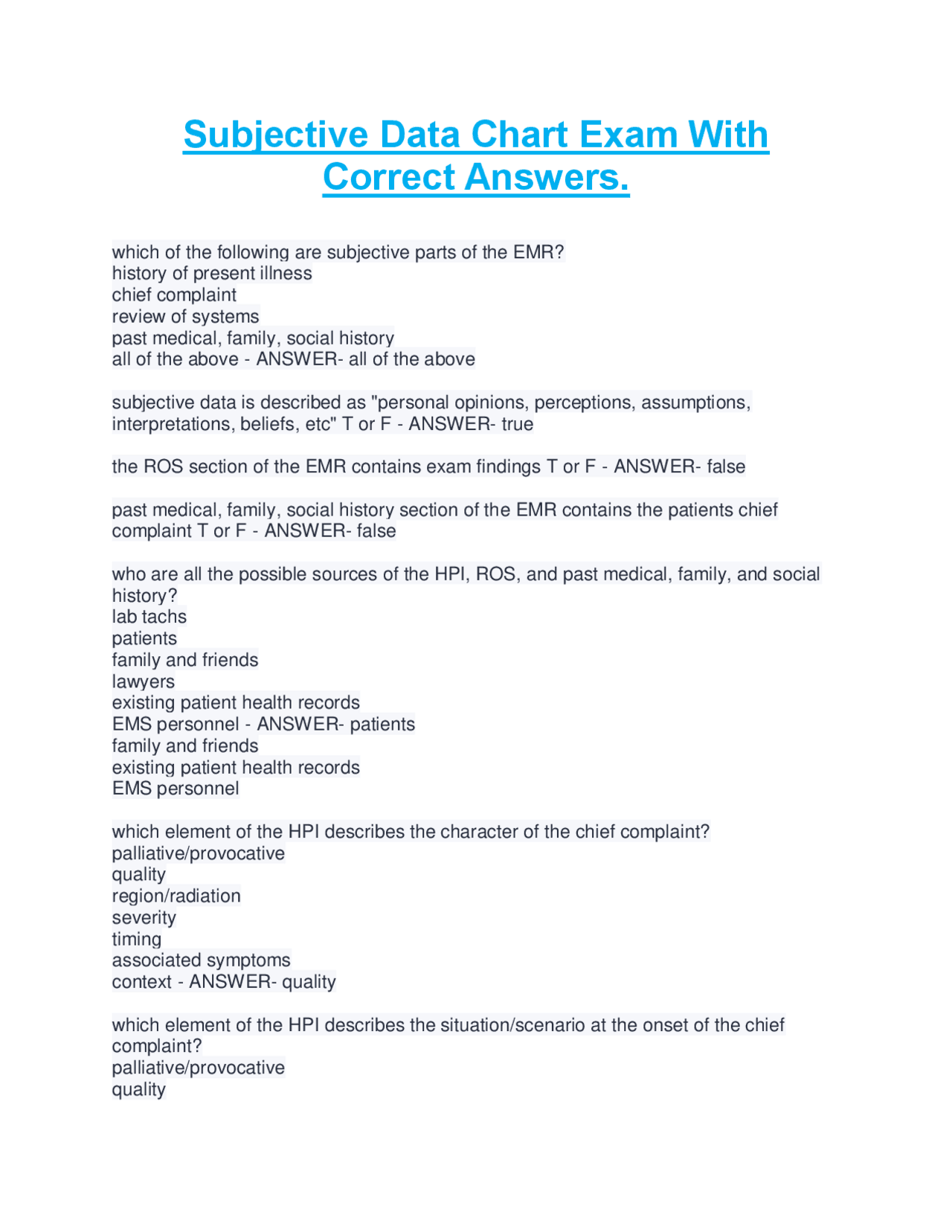 Subjective Data Chart Exam With Correct Answers. (3).pdf | Exams ...