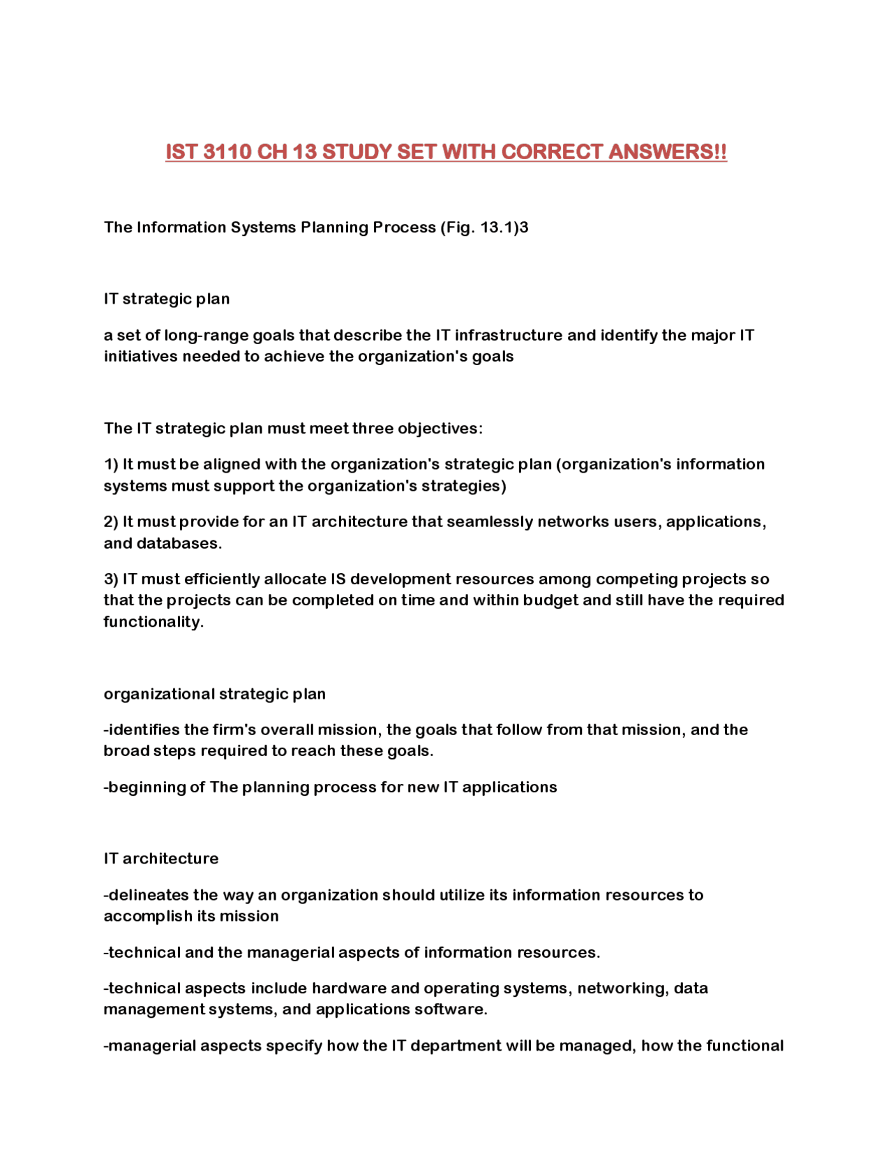 IST 3110 CH 13 Study Set: Information Systems Planning Process | Exams Advanced Education | Docsity