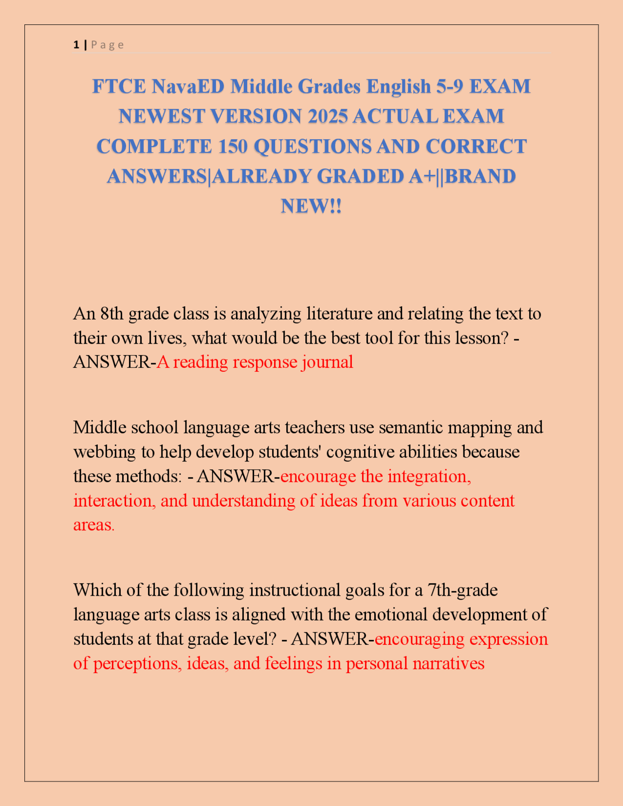 FTCE NavaED Middle Grades English 5-9 Exam: Practice Questions and ...