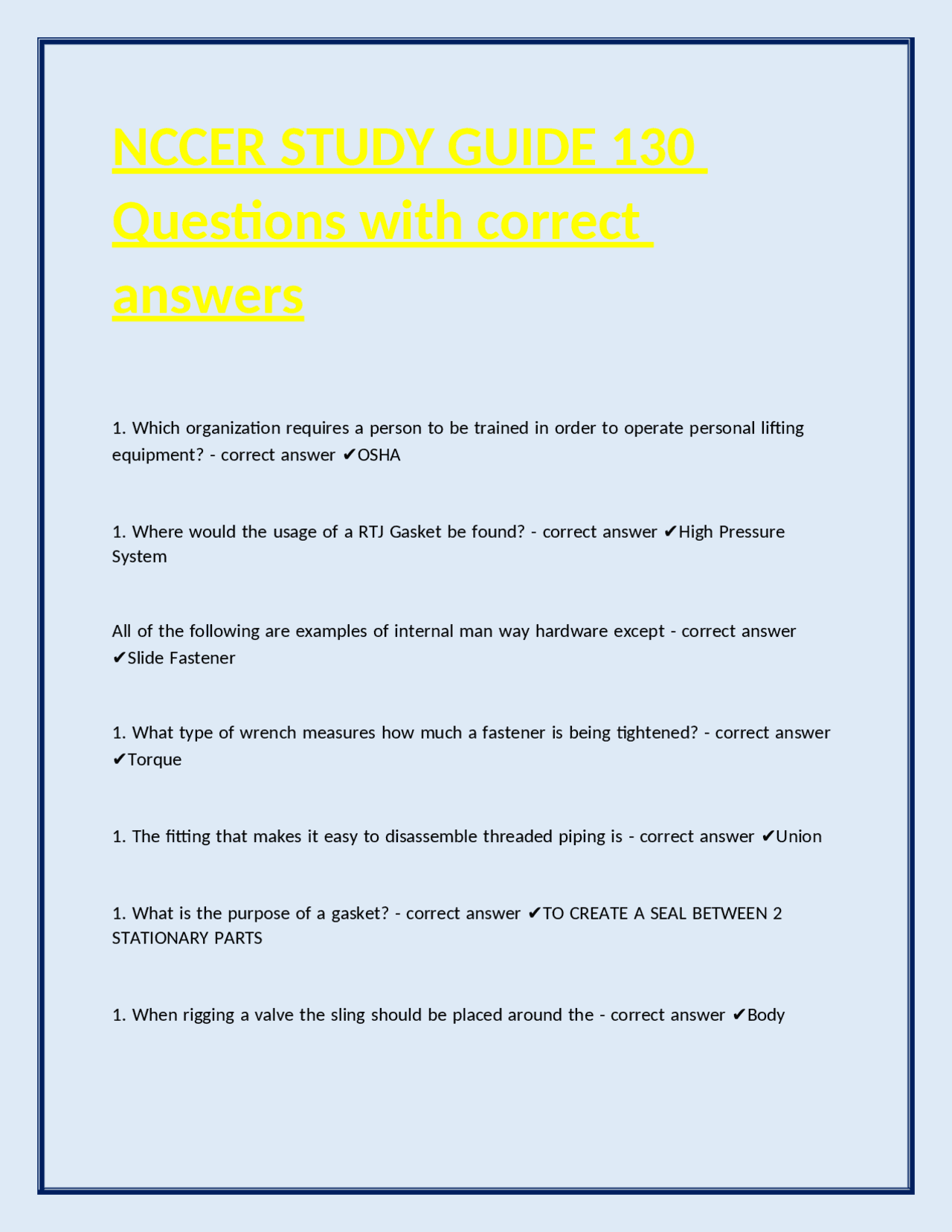 NCCER STUDY GUIDE 130 Questions with correct answers | Exams Nursing ...