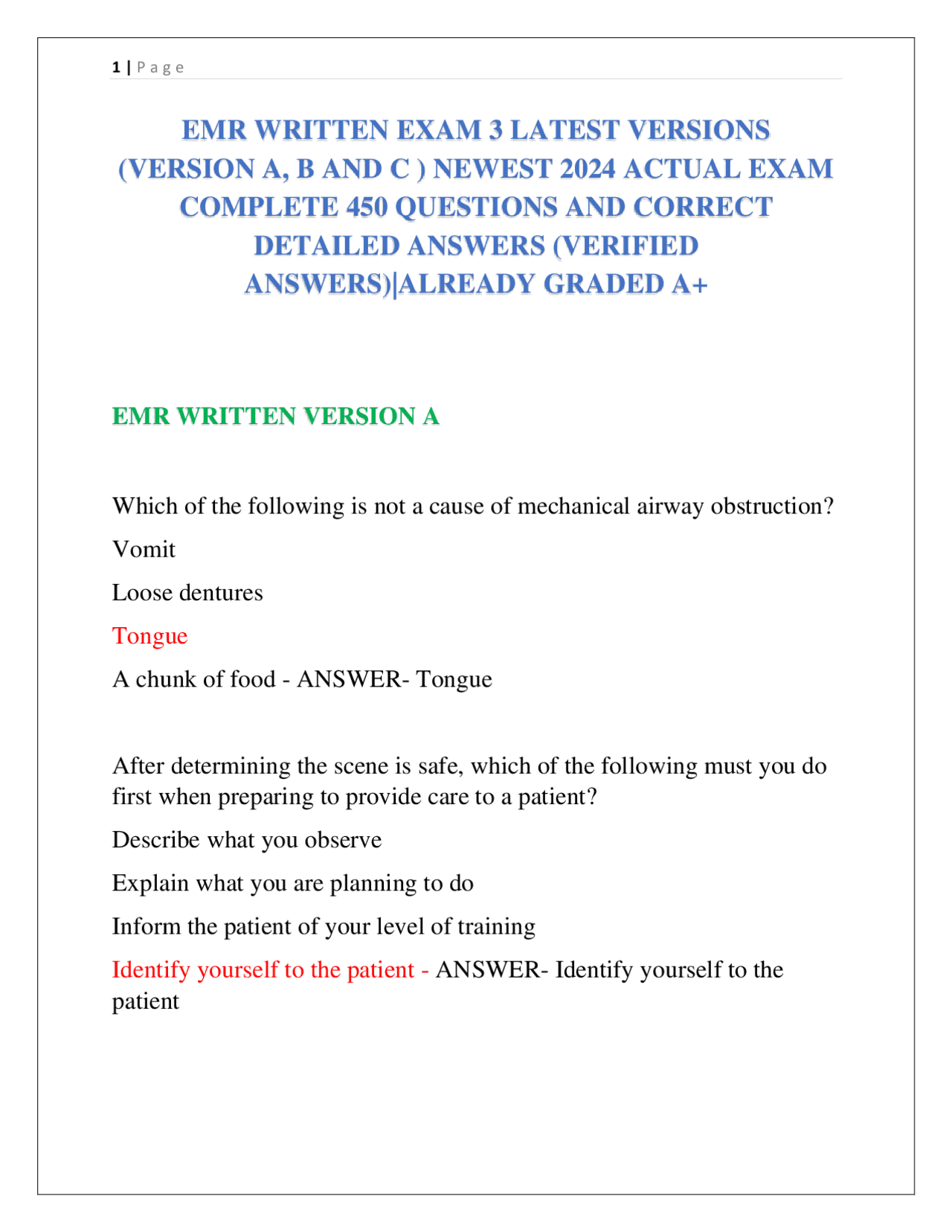 EMR WRITTEN EXAM 3 LATEST VERSIONS (VERSION A, B AND C ) NEWEST 2024 ...