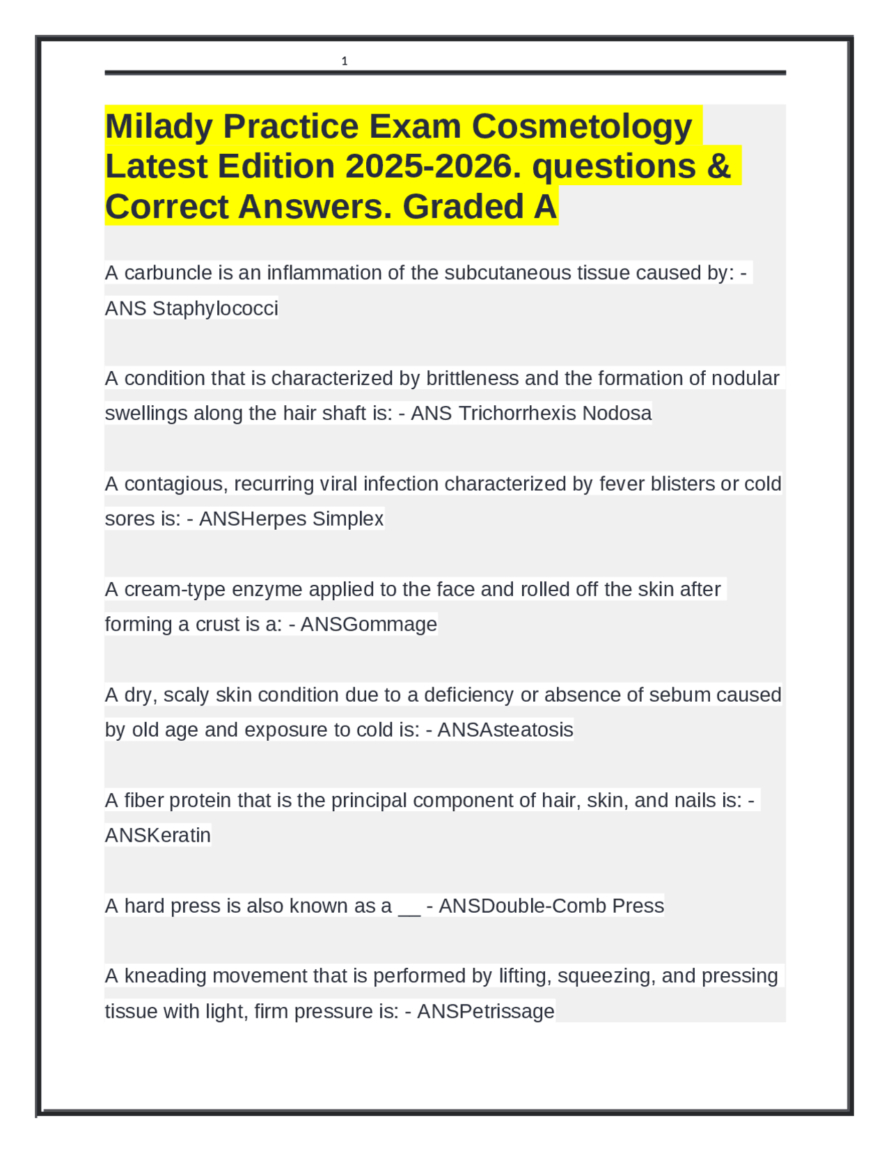 Milady Practice Exam Cosmetology Latest Edition 2025-2026. questions ...