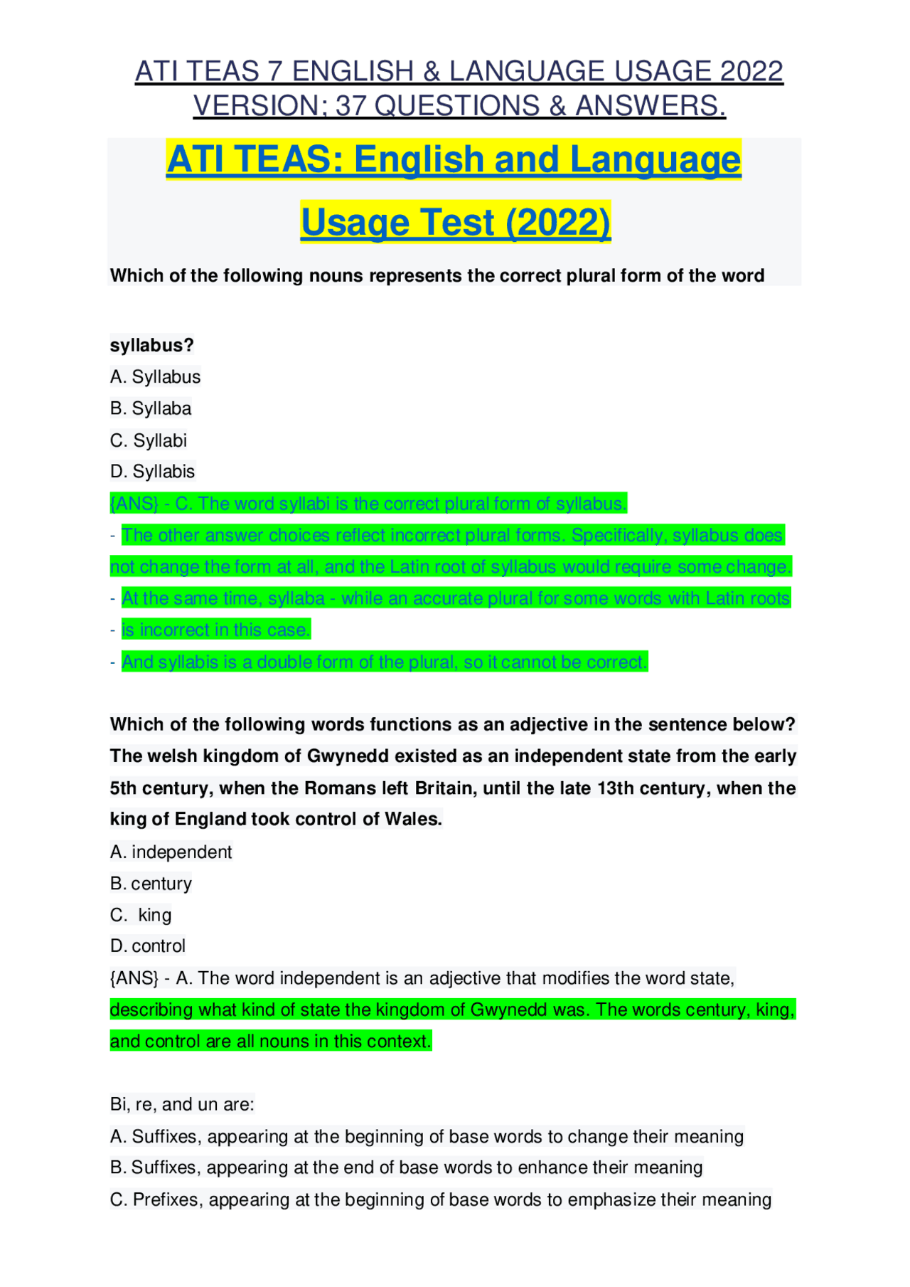 English & Language Usage Practice Questions | Exams Nursing | Docsity