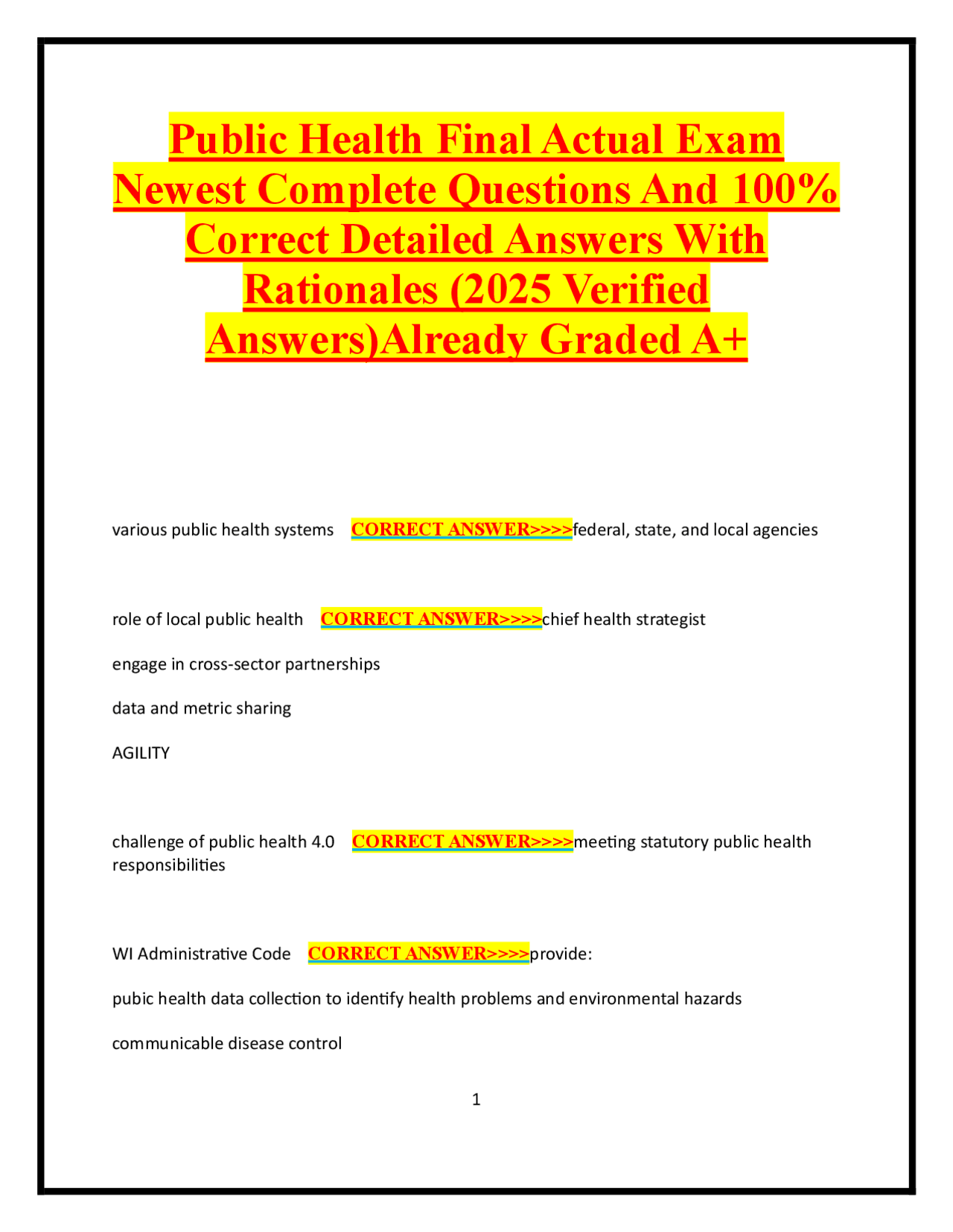 Public Health Final Actual Exam Newest Complete Questions And 100% ...