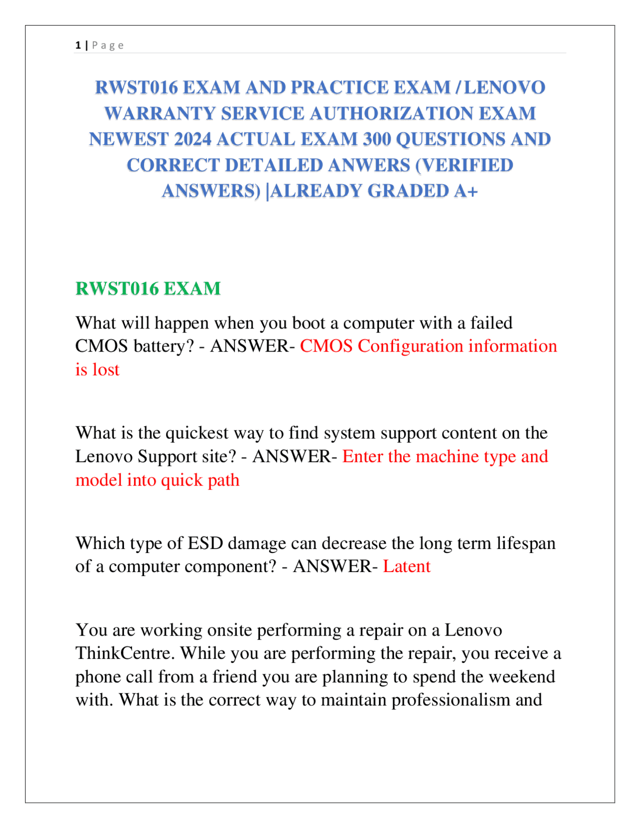 RWST016 EXAM AND PRACTICE EXAM / LENOVO WARRANTY SERVICE AUTHORIZATION ...