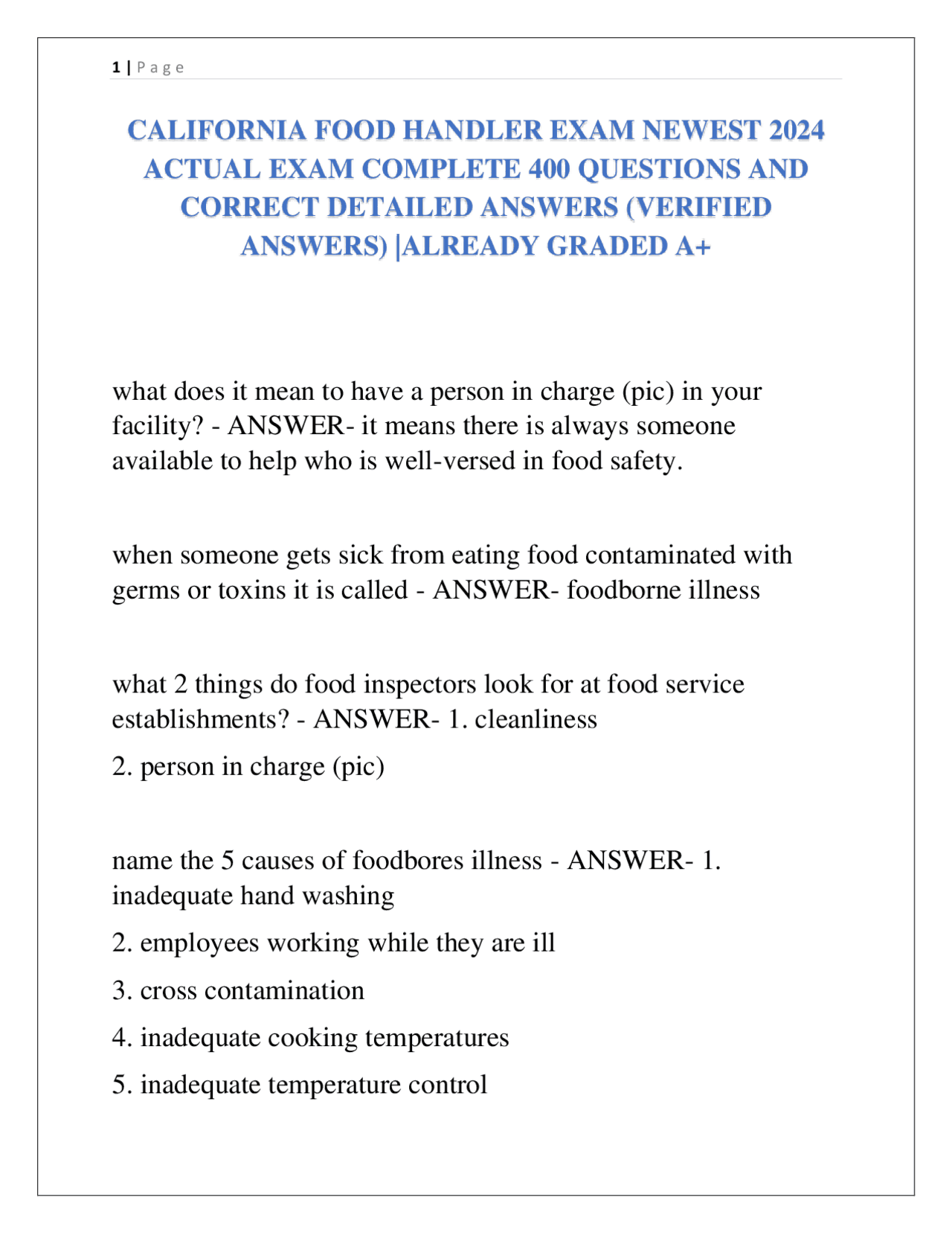 CALIFORNIA FOOD HANDLER EXAM NEWEST 2024 ACTUAL EXAM COMPLETE 400 ...