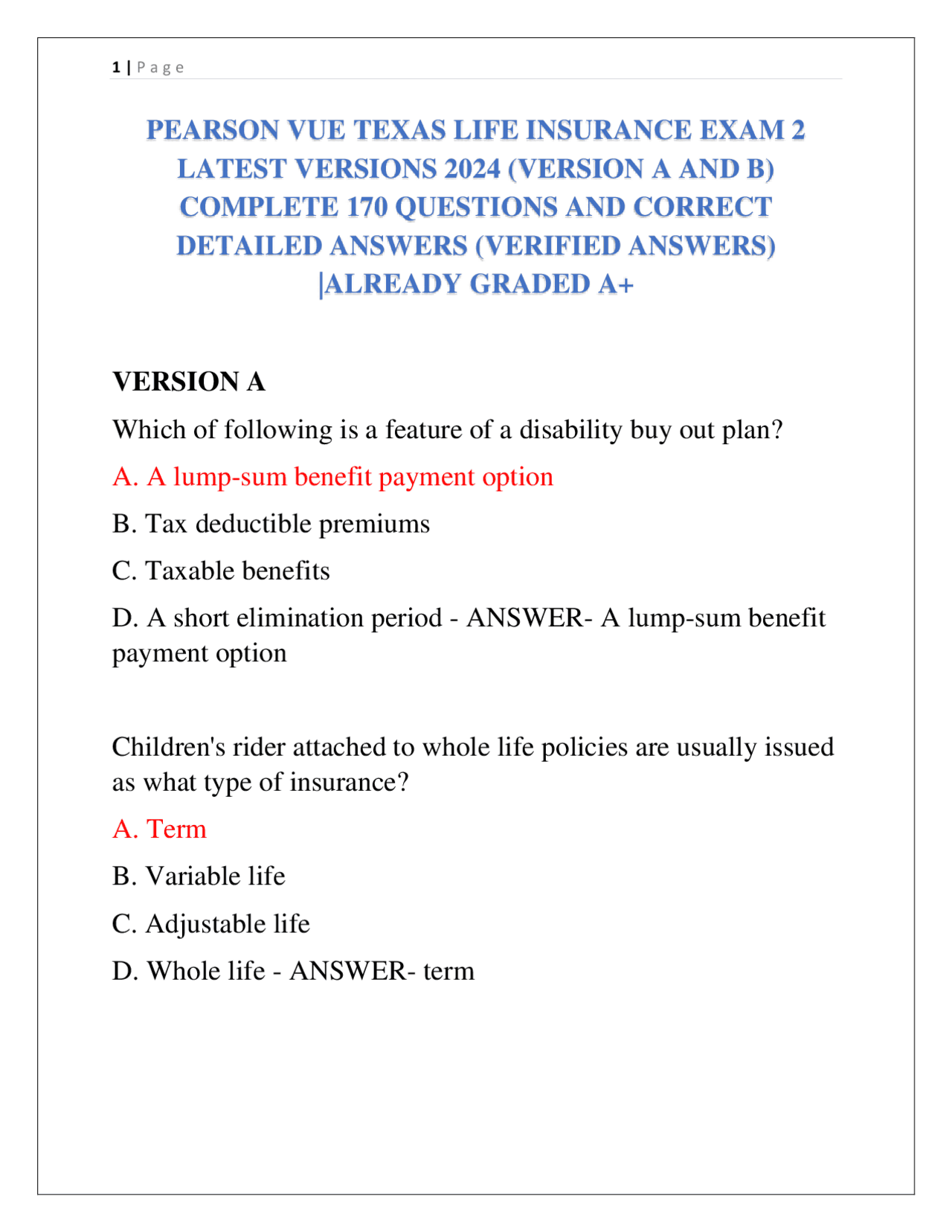 Texas Life Insurance Exam 2: Practice Questions and Answers | Exams ...