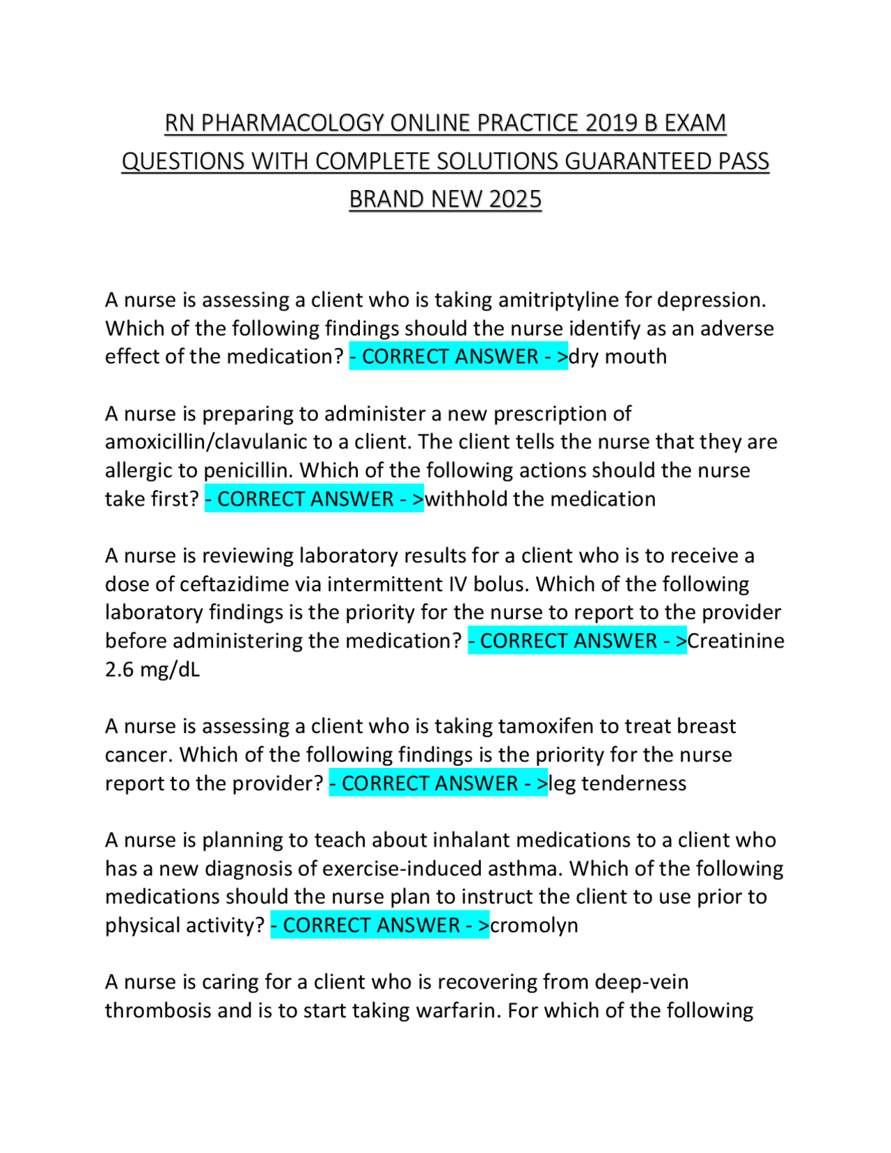 RN PHARMACOLOGY ONLINE PRACTICE 2019 B EXAM QUESTIONS WITH COMPLETE ...