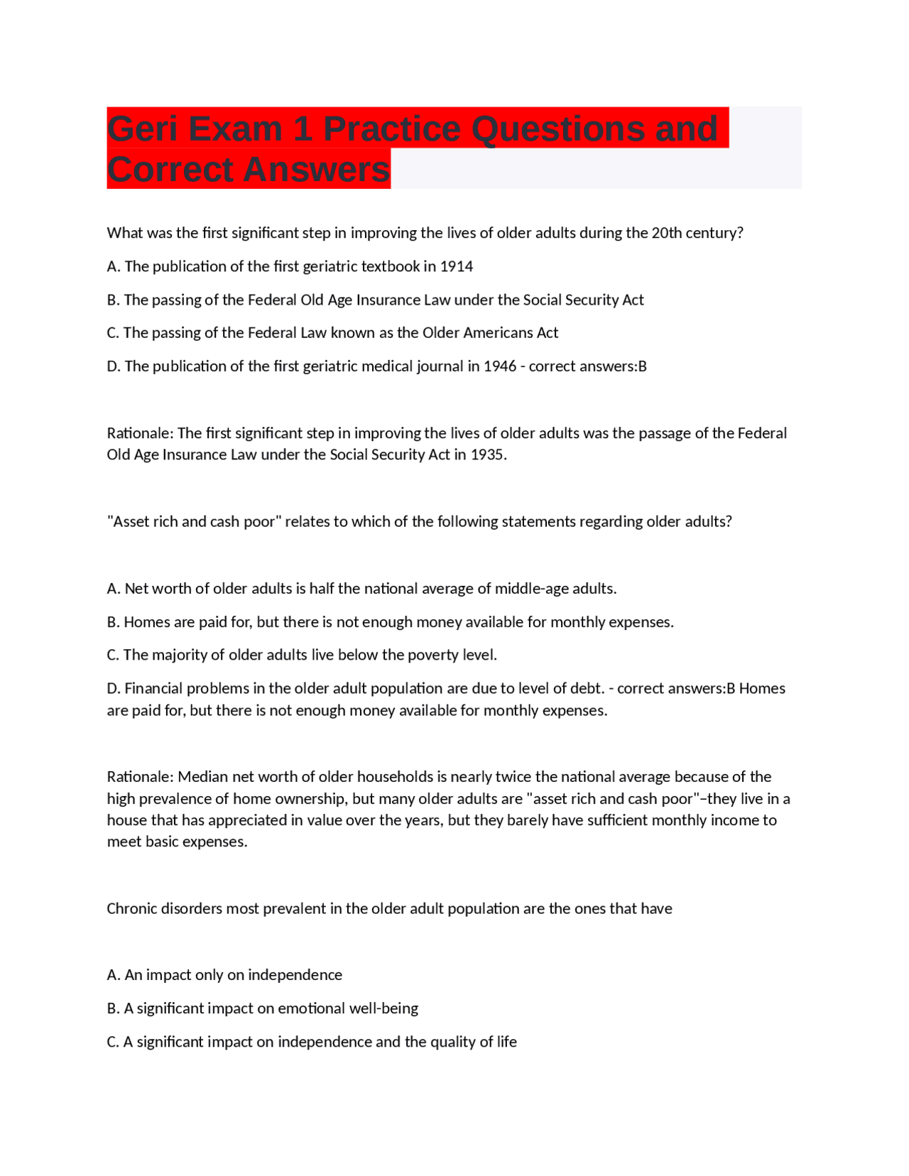 Geriatrics Exam 1 Practice Questions and Answers | Exams Theology | Docsity