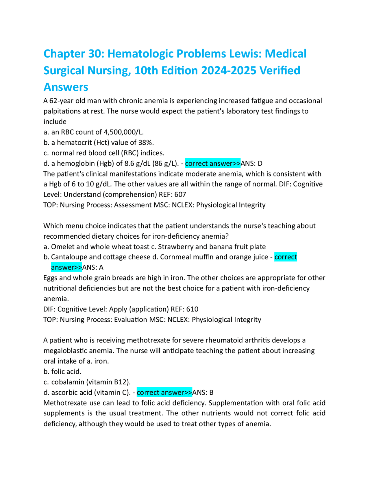 Chapter 30: Hematologic Problems Lewis: Medical Surgical Nursing, 10th Edition 2024-2025 | Exams ...